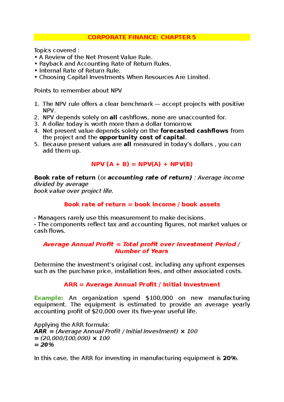 Corporate Finance: Chapter 5 - NPV, ARR, IRR & Capital Rationing - Studocu