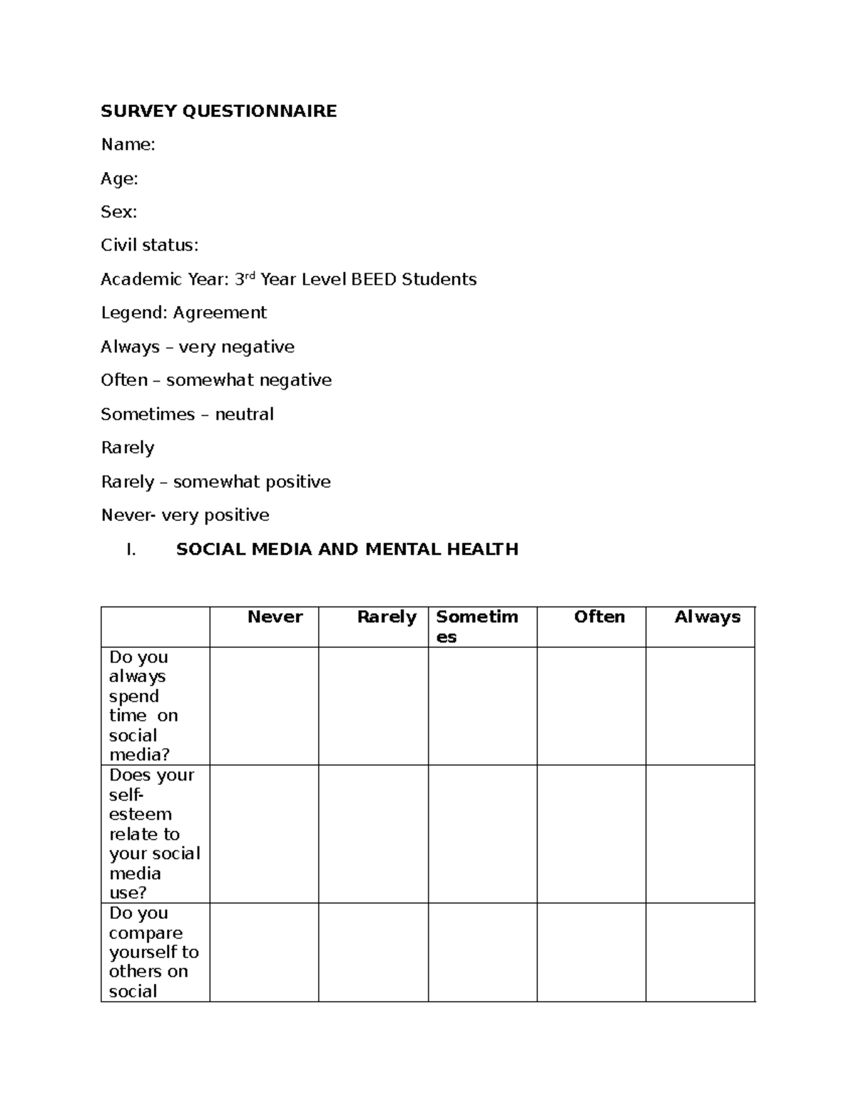 Questionnaire - SURVEY QUESTIONNAIRE Name: Age: Sex: Civil status ...