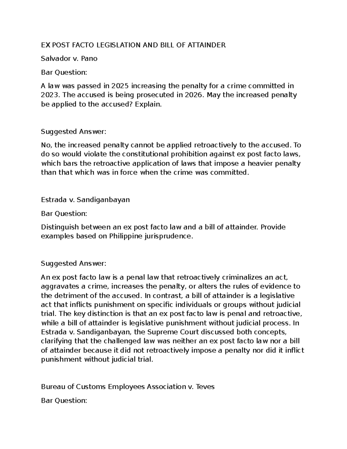 Bar Questions and Suggested Answers on Ex Post Facto Laws and Double ...