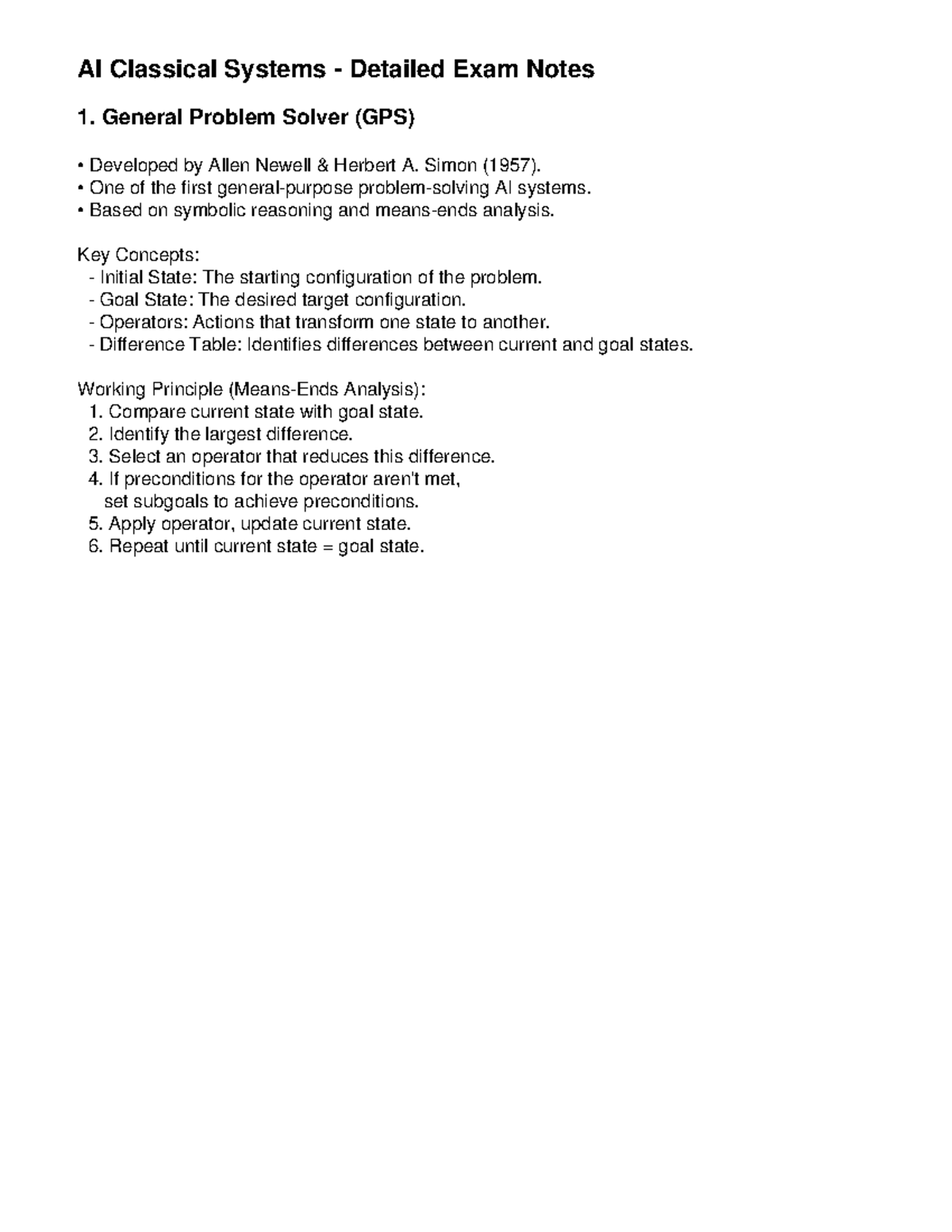 AI Classical Systems Exam Notes: General Problem Solver (GPS) - Studocu