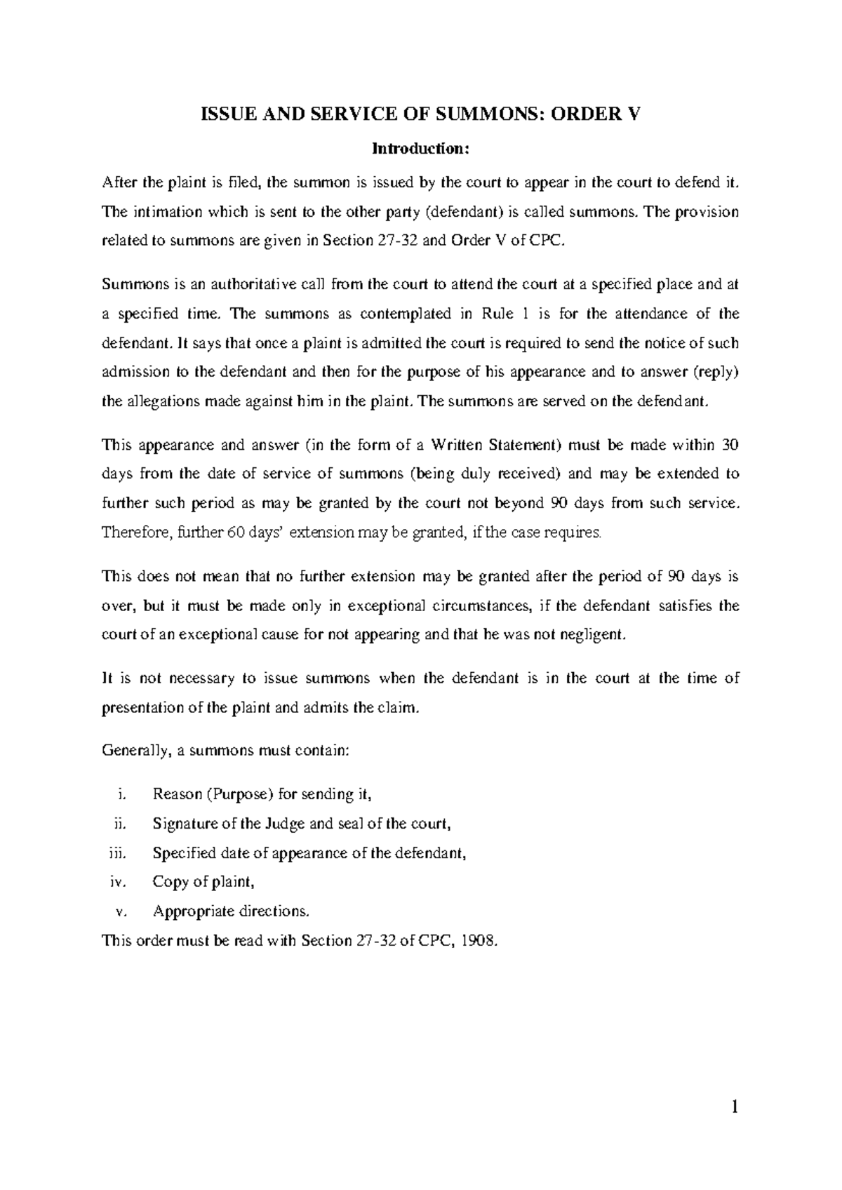 **CPC 1908: Issue and Service of Summons (Order V) Explained** - Studocu