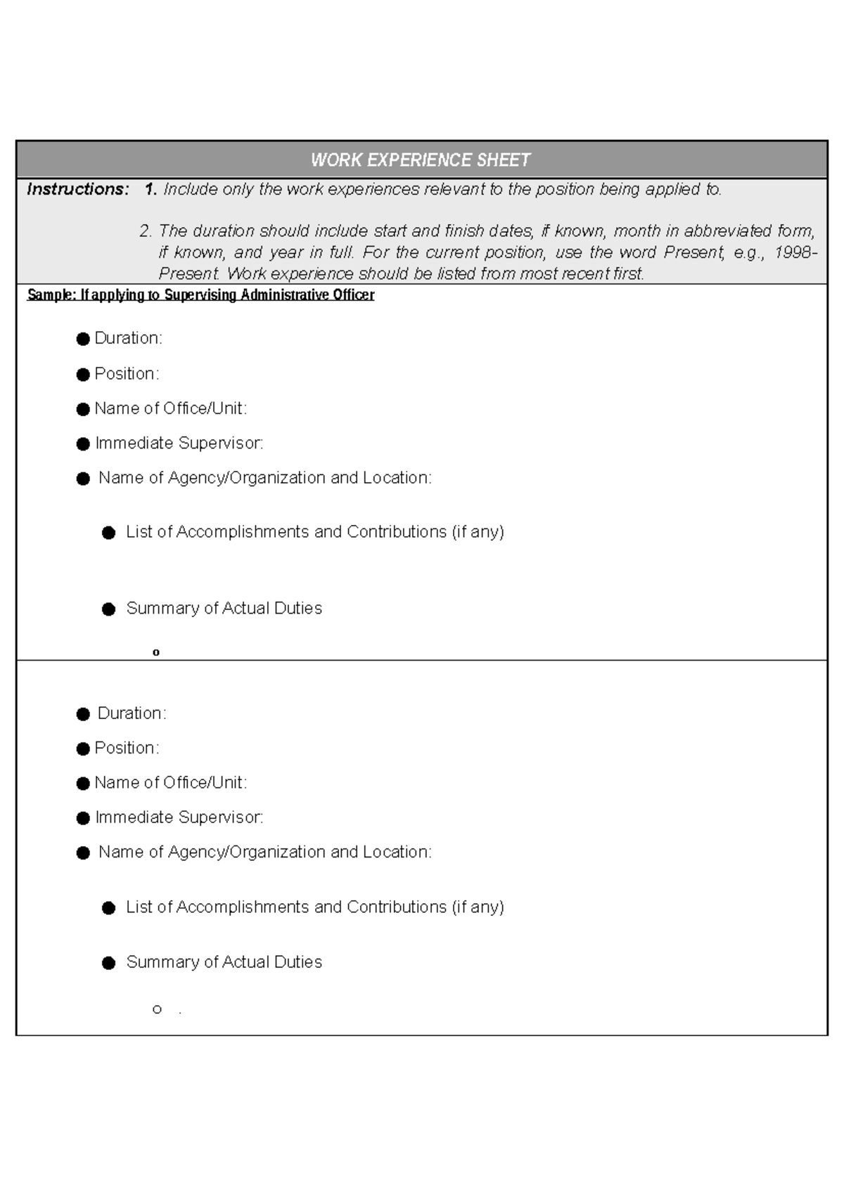 WORK Experience Sheet Guide for Relevant Job Applications - Studocu