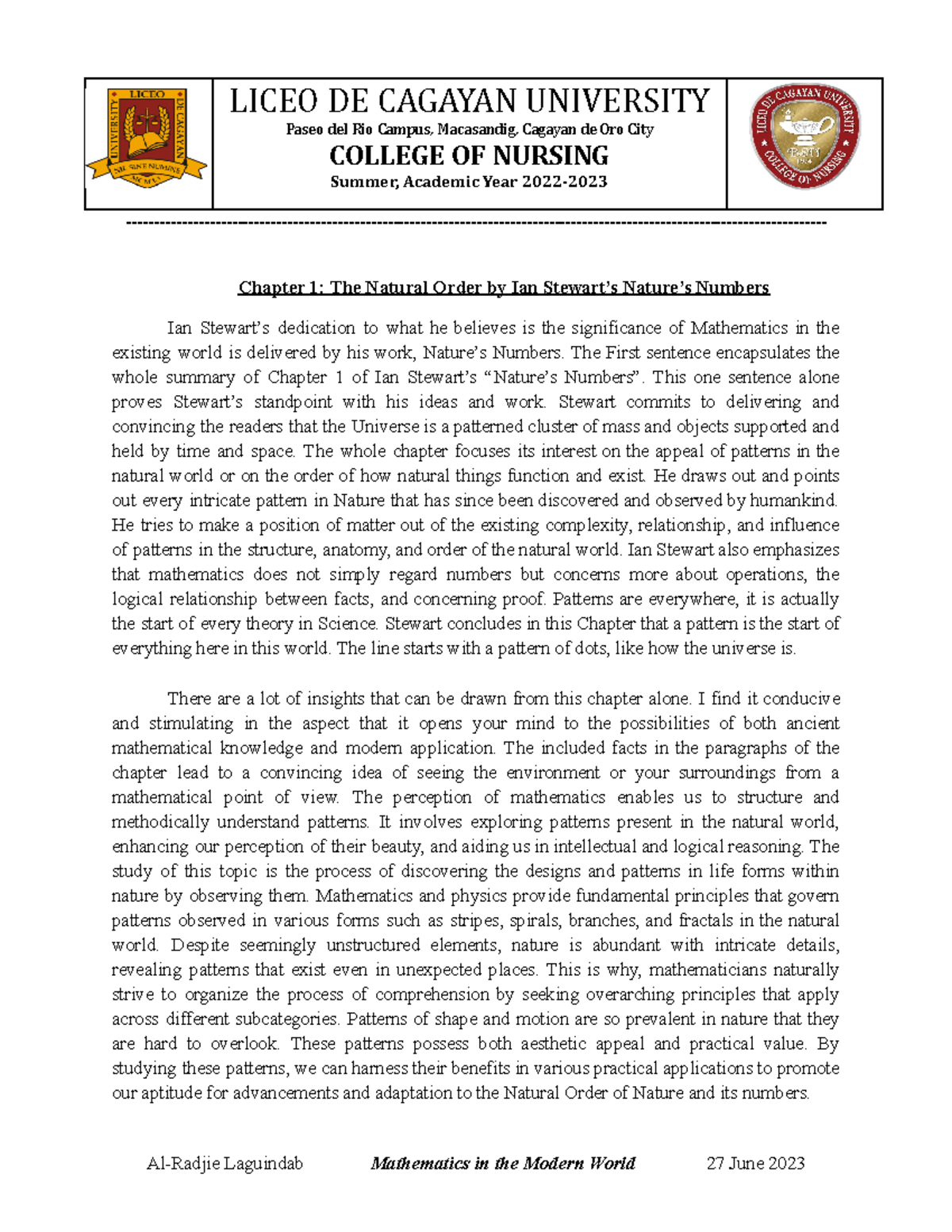 Chapter 1 Reflection: Patterns in Ian Stewart's Nature's Numbers - Studocu