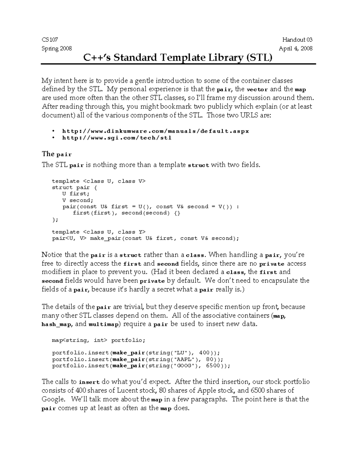 CS107 Spring 2008 - Handout 03: Intro to STL Containers and Usage - Studocu