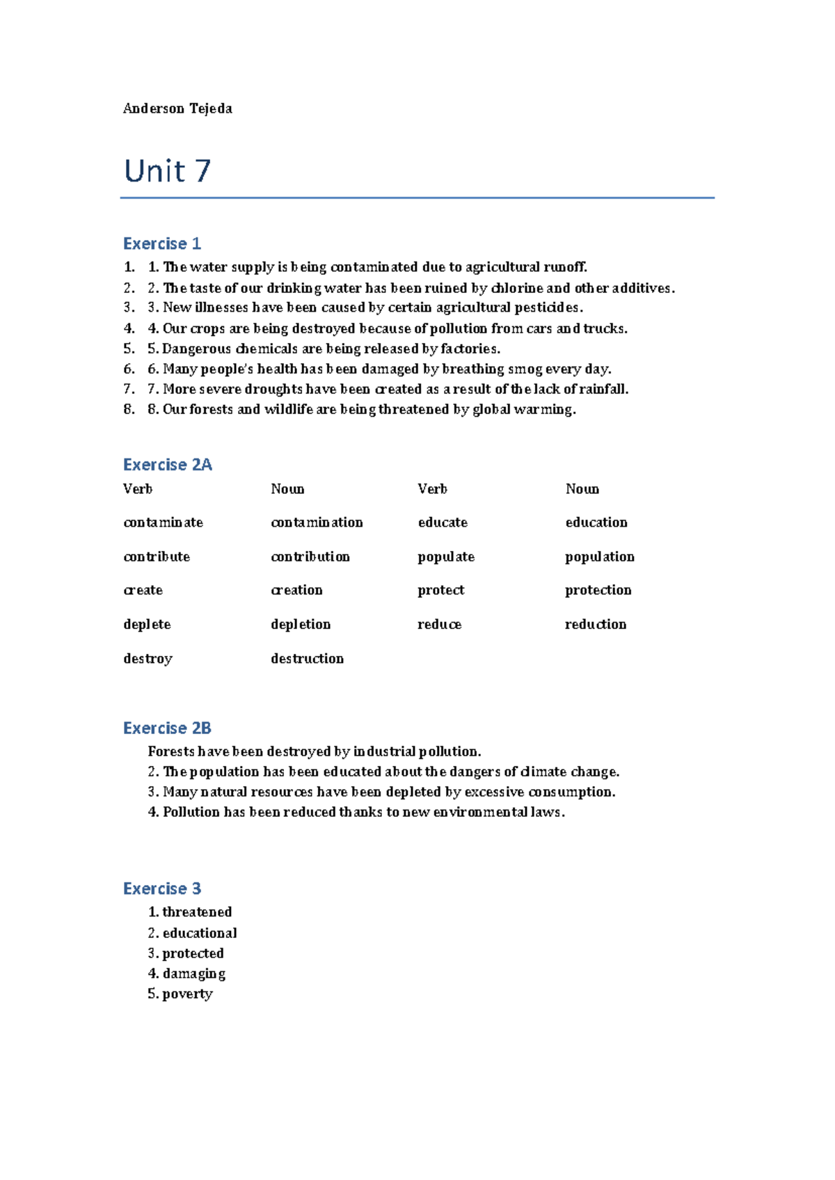 Unit 7 - Environmental Issues and Solutions Exercise Guide - Studocu