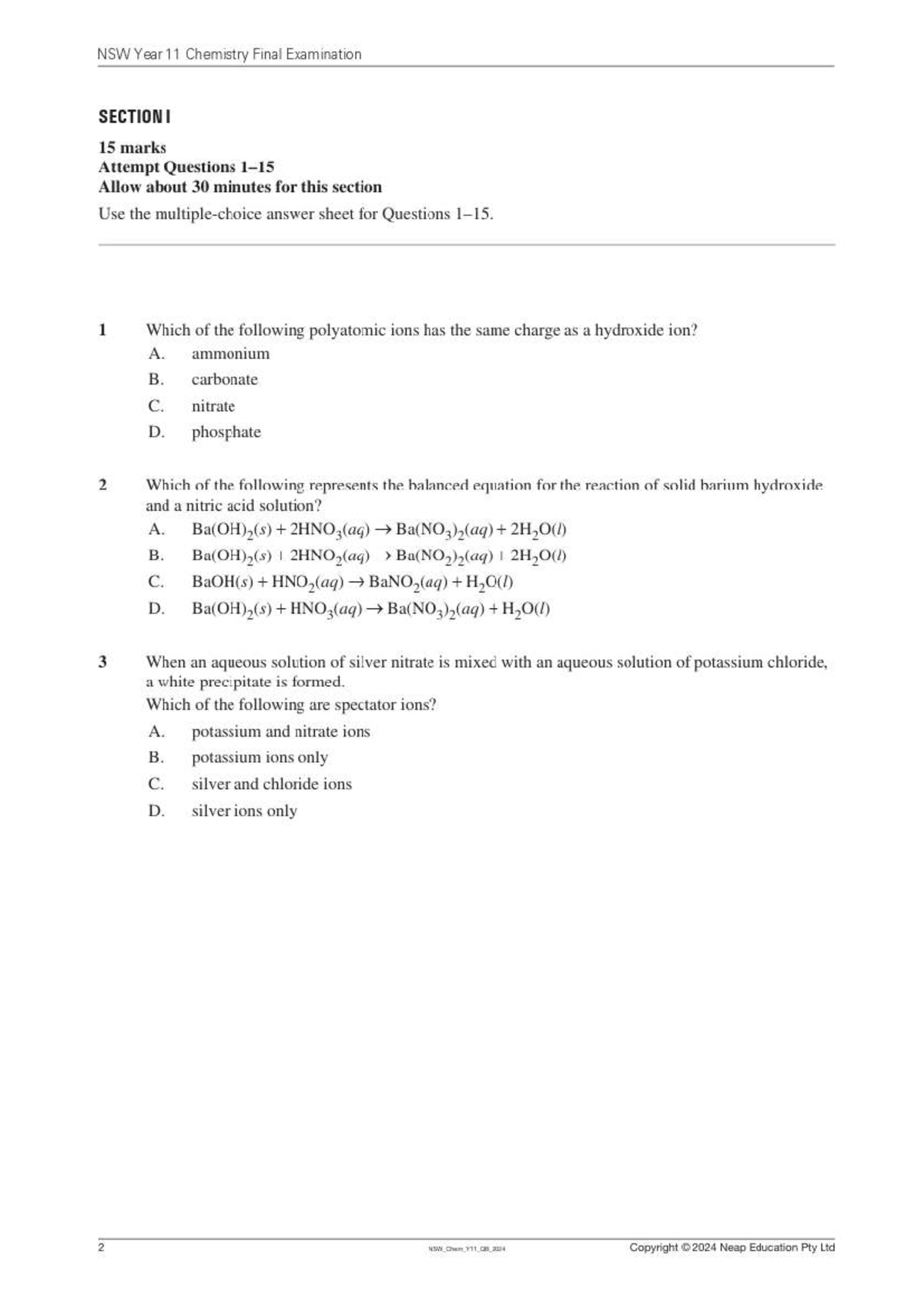 NSW Year 11 Chemistry Final Exam Questions & Answers 2024 - Studocu
