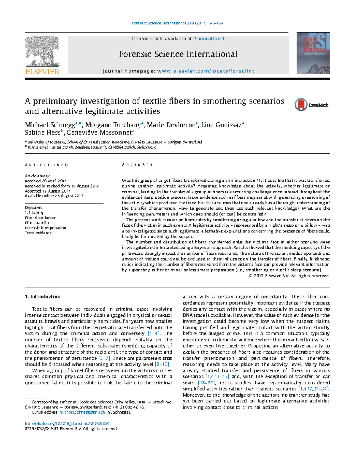 Preliminary Study on Fiber Transfer in Smothering Scenarios (Forensic Science - Studocu