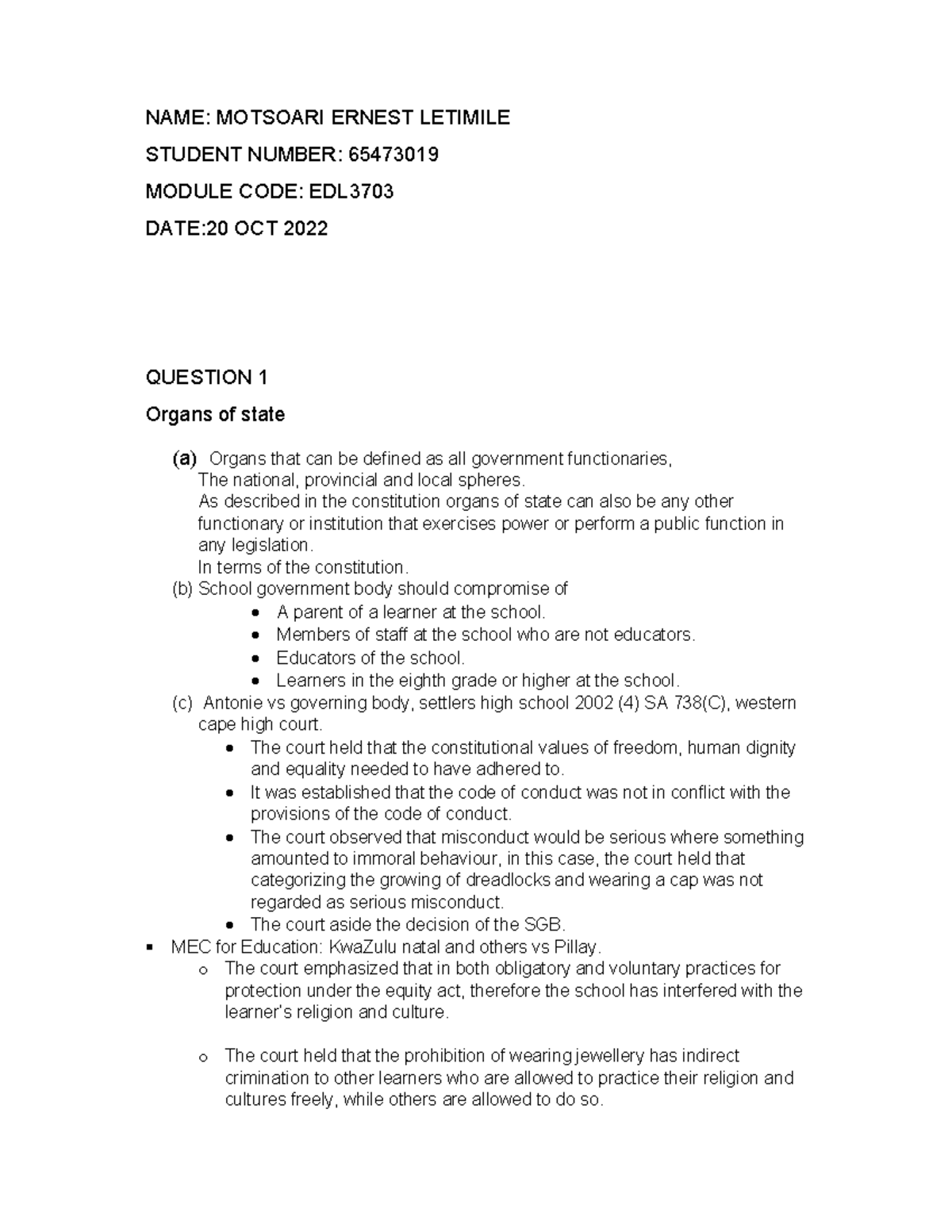 EDL3703 Final Exam Review: Organs of State and Court Cases - Studocu