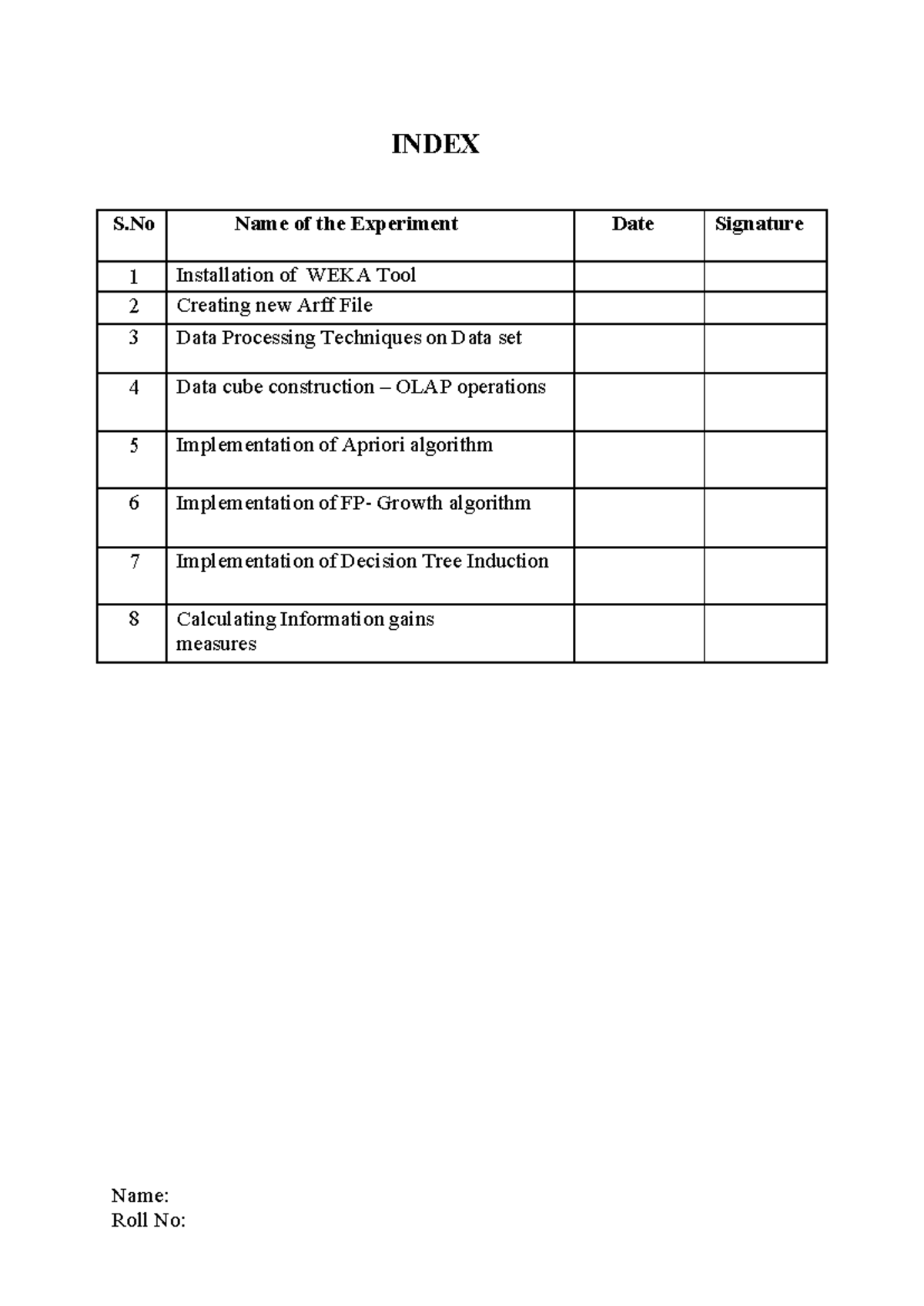 DWDM Lab - Laboratory file - Name: INDEX S Name of the Experiment Date ...