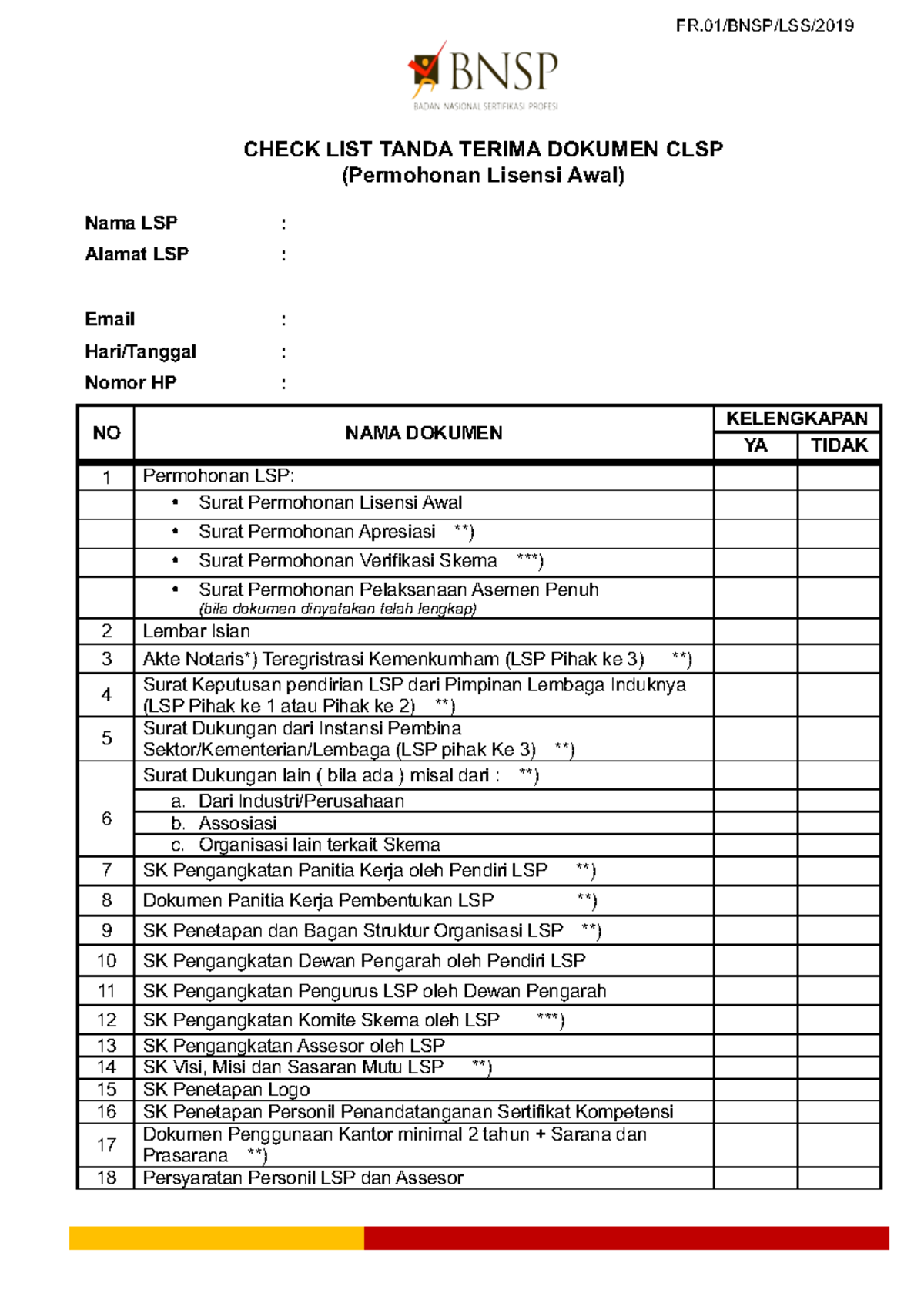 CHEK LIST Dokumentasi Lisensi Awal - FR.01/BNSP/LSS/2019 - Studocu