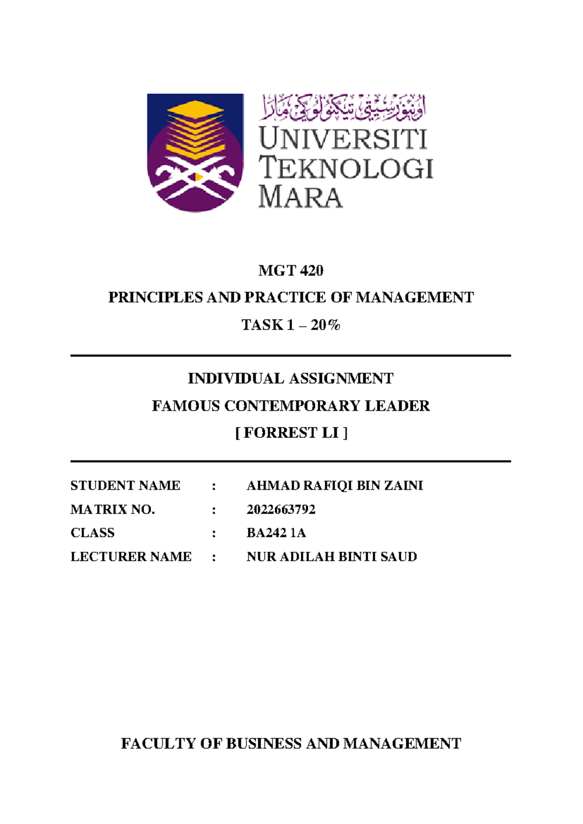 MGT 420 Task 1: Analysis of Leadership Traits in Forrest Li - Studocu