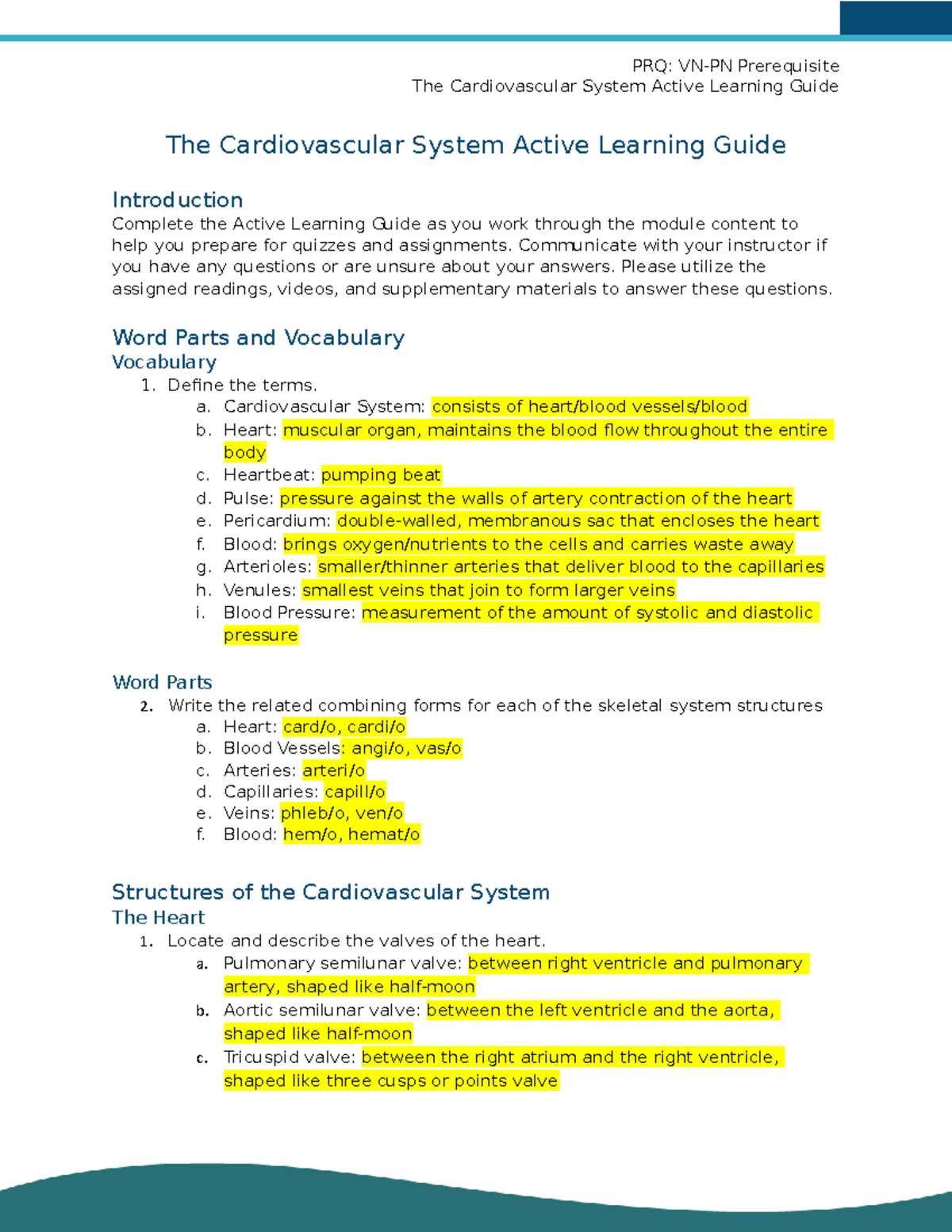 Cardiovascular System Active Learning Guide - Communicate with your ...