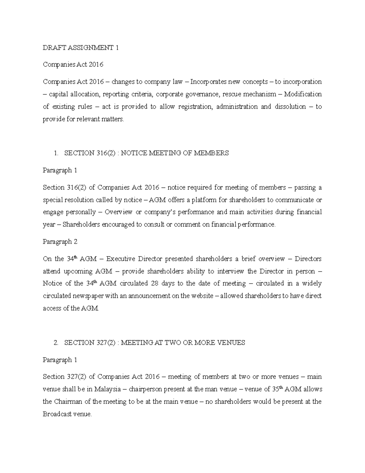 Draft Assignment 1: Key Sections of Companies Act 2016 Explained - Studocu