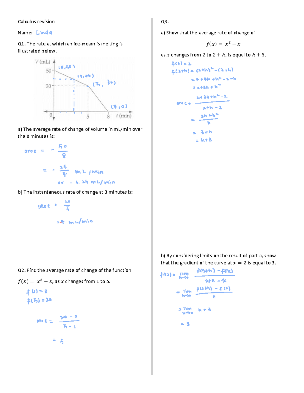 Calculus Revision Worksheet: Average & Instantaneous Rates of Change ...