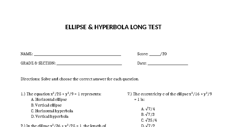 Ellipse and Hyperbola Long Test (MATH 101) - Studocu