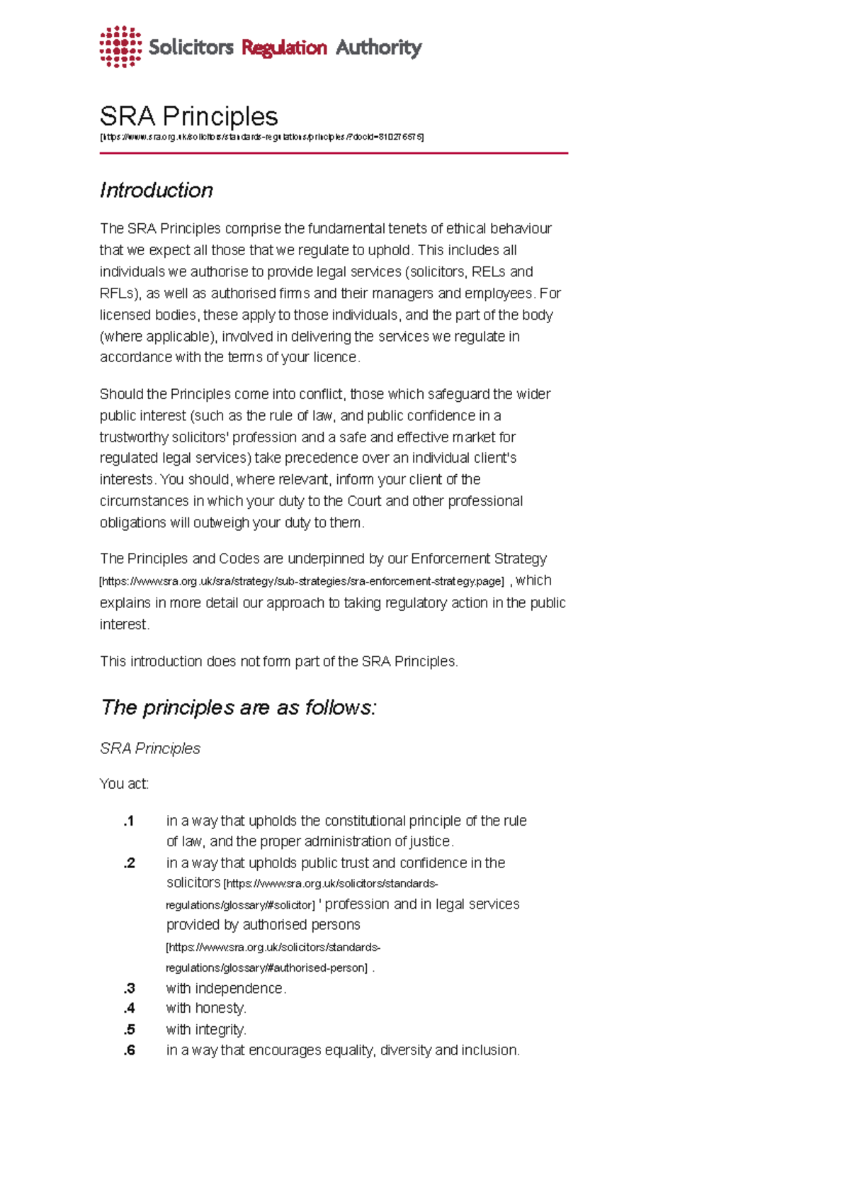 SRA principles introduction and guidance on ethical behaviour - Studocu
