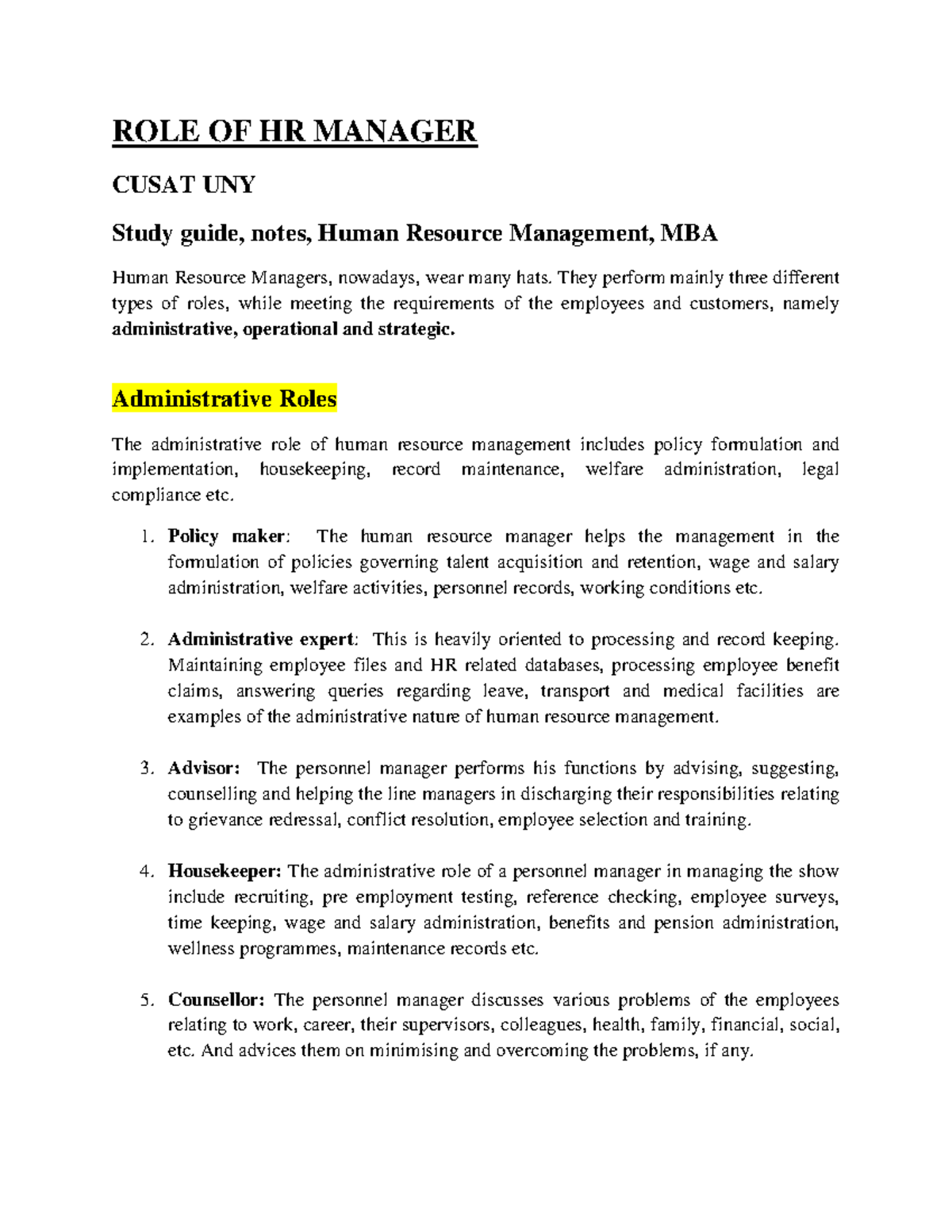 Role of HR Manager - ROLE OF HR MANAGER CUSAT UNY Study guide, notes ...