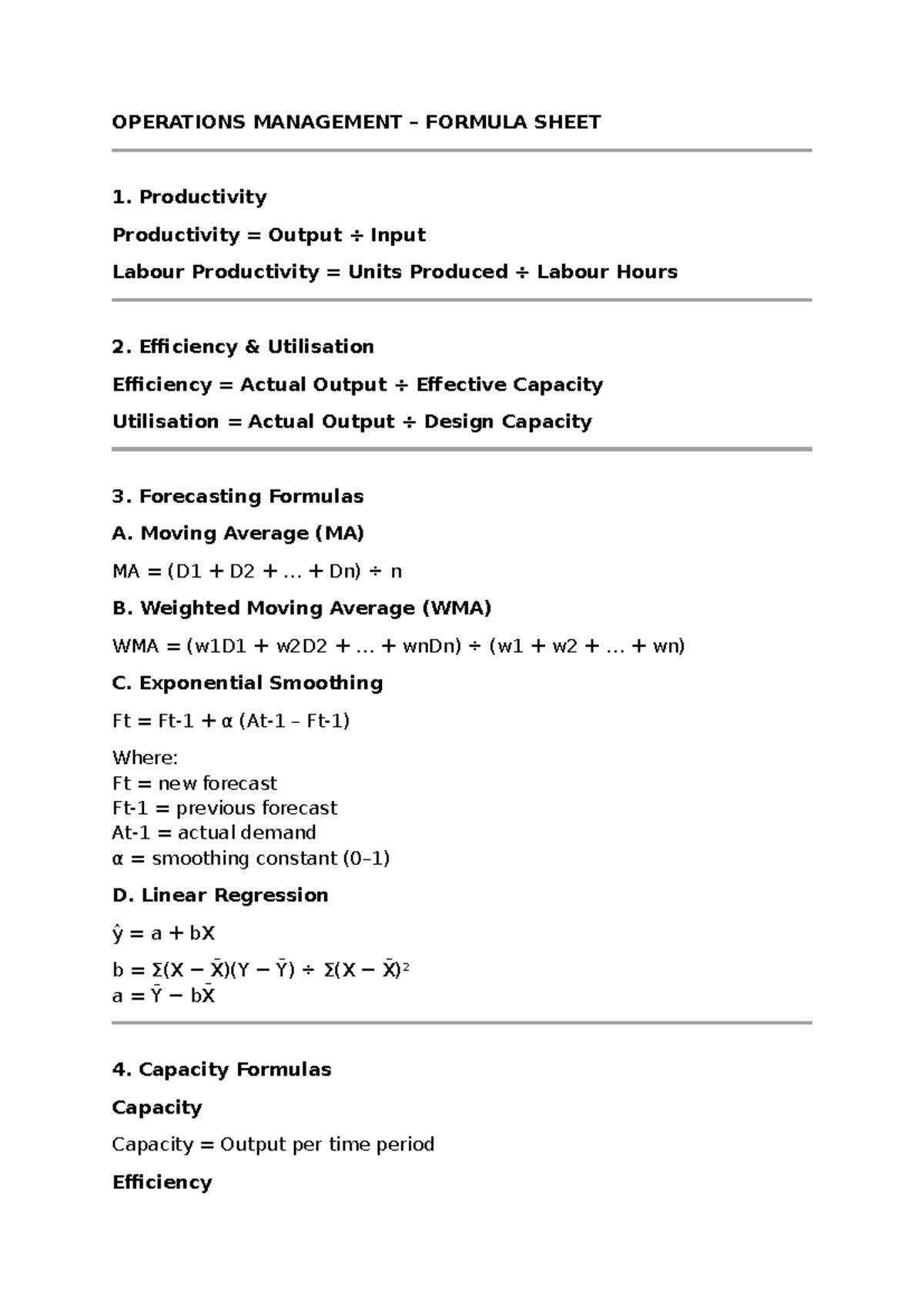 Operations Management Formula Sheet: Key Concepts & Calculations - Studocu