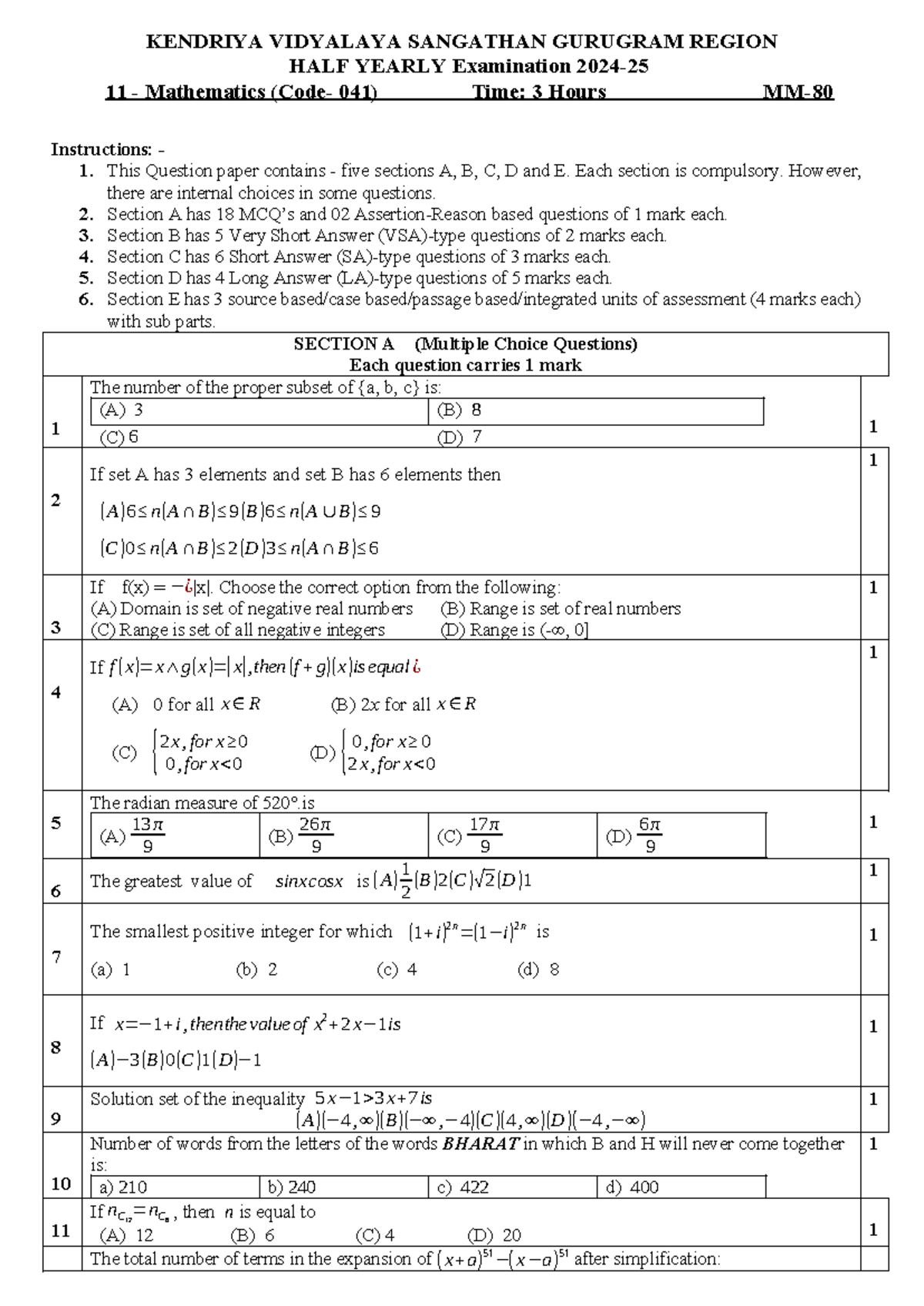 11th Grade Mathematics Half Yearly Exam (041) - Question Paper - Studocu