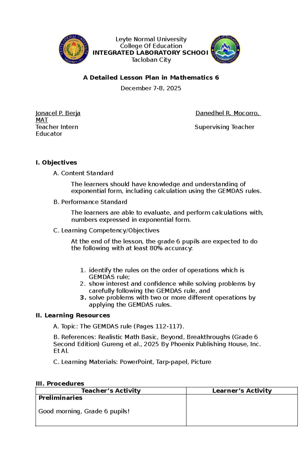 Mathematics 6 Lesson Plan: Understanding the GEMDAS Rule - Studocu