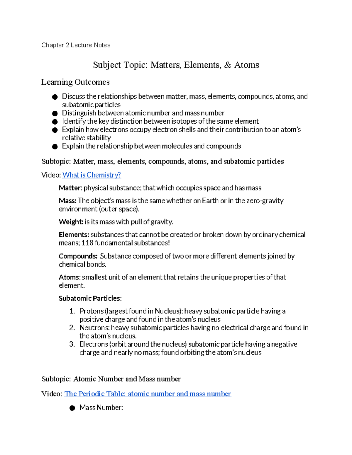 Lecture Notes on Matter, Elements, Atoms, and Organic Chemistry (BIO101 ...