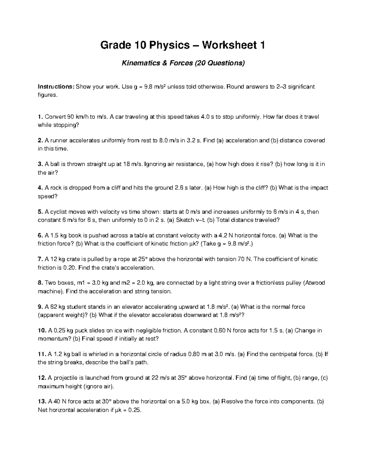 Grade 10 Physics Worksheet 1: Kinematics & Forces (20 Qs) - Studocu