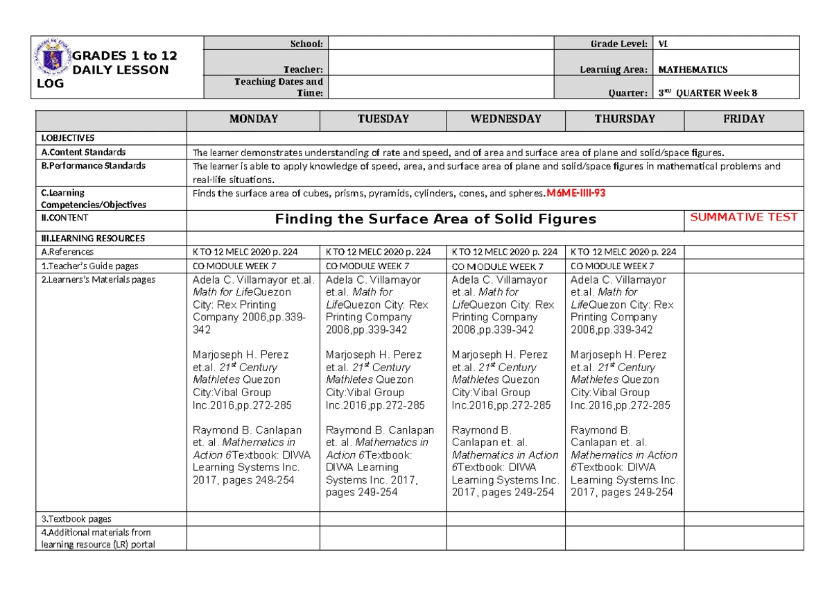 DLL MAPEH 6 Q3 W8 - Daily Lesson Log for Grade 6 Students - Studocu