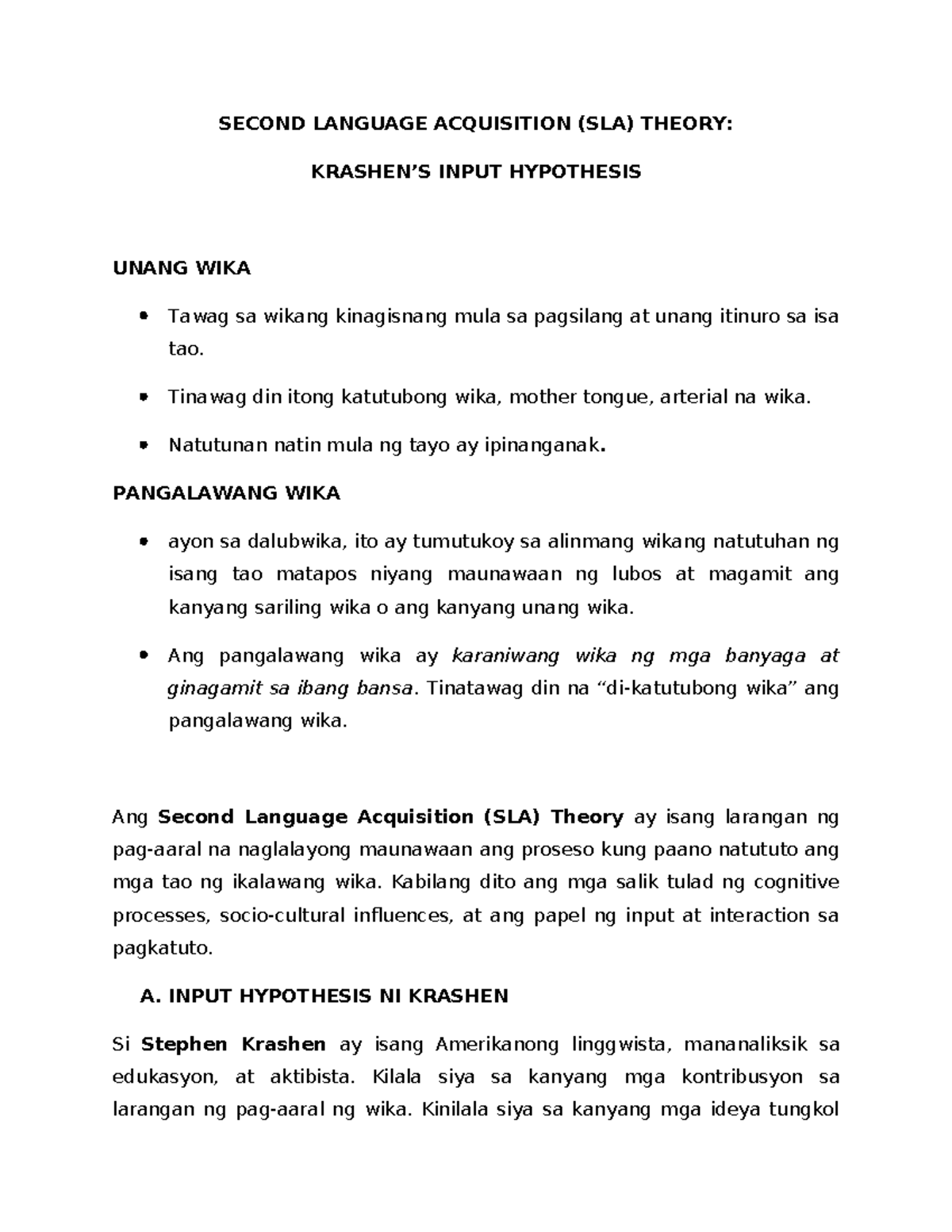 SLA Theory: Krashen's Input Hypothesis Overview and Concepts - Studocu