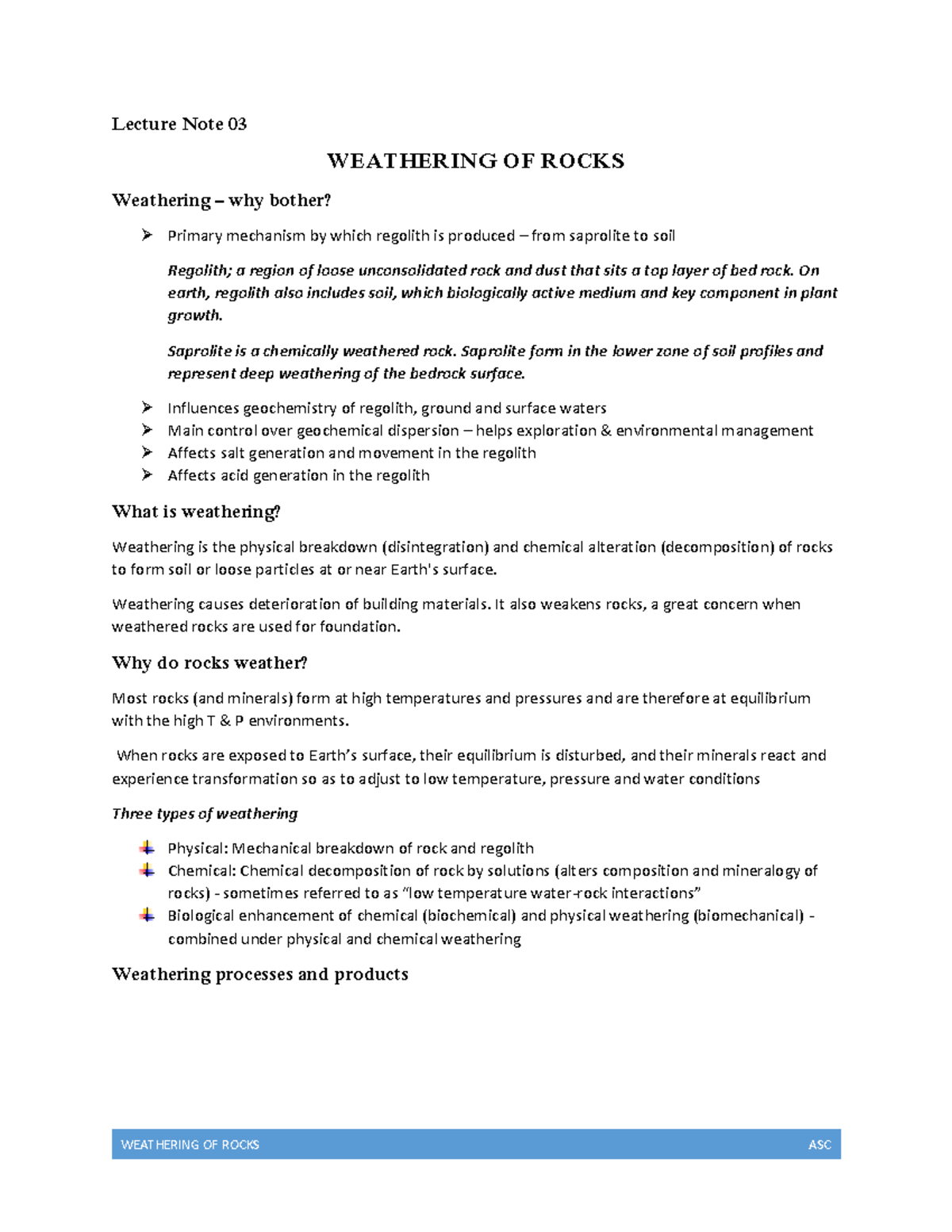 Lecture Note 03 - Weathering of Rocks Overview - ASC - Studocu