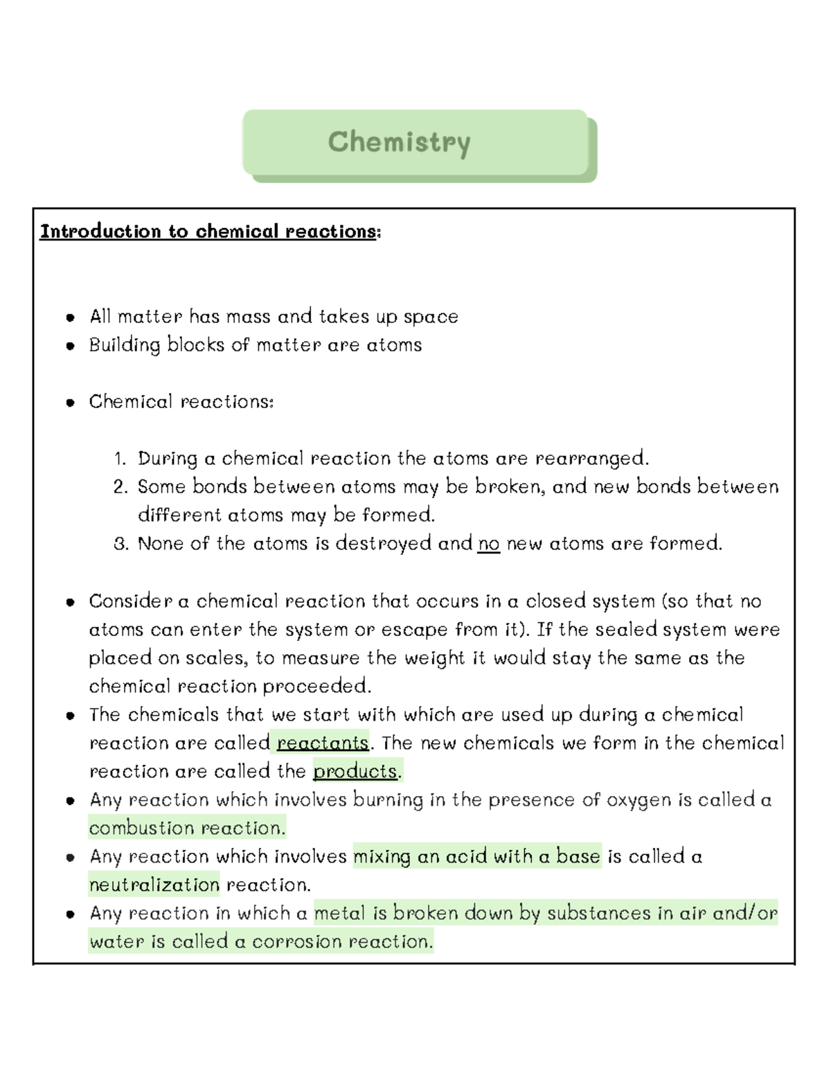 Science Notes: Introduction to Chemical Reactions and Biology Concepts ...