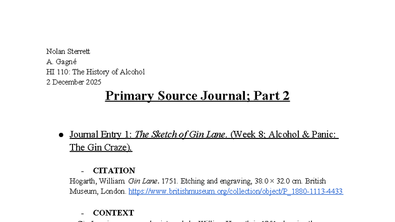 HI 110: Primary Source Journal Entry 1 - The Gin Lane Analysis - Studocu