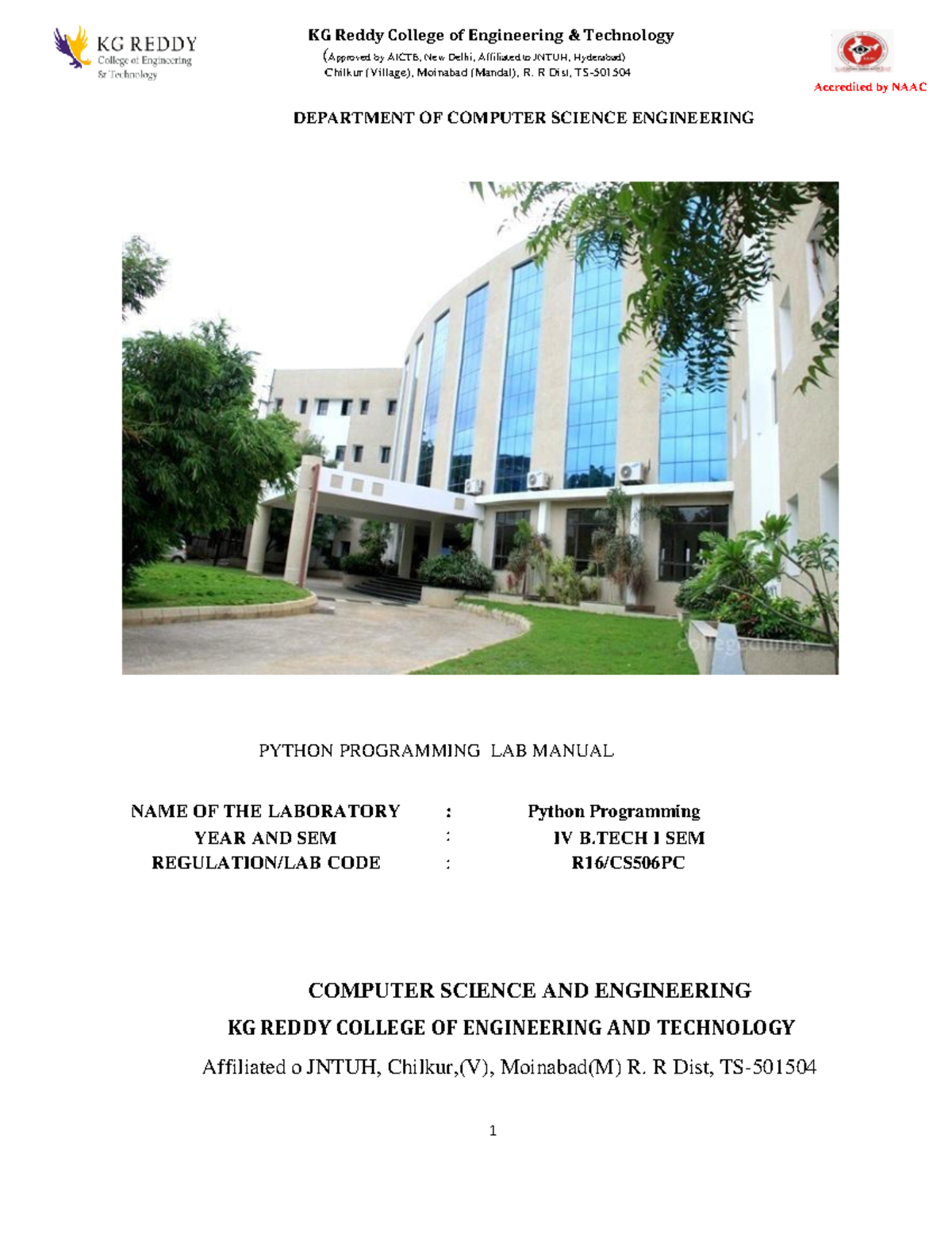 Python Programming Lab Manual - CS506PC JNTUH 4th Year 1st Semester - Studocu