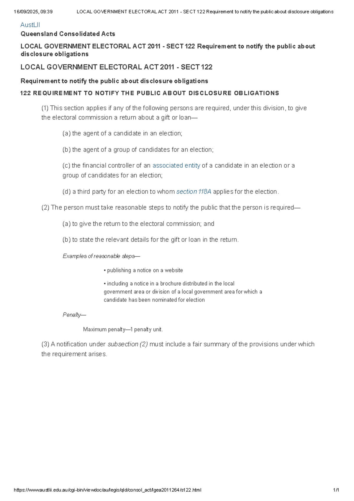 Local Government Electoral Act 2011 - Sect 122 Disclosure Obligations ...