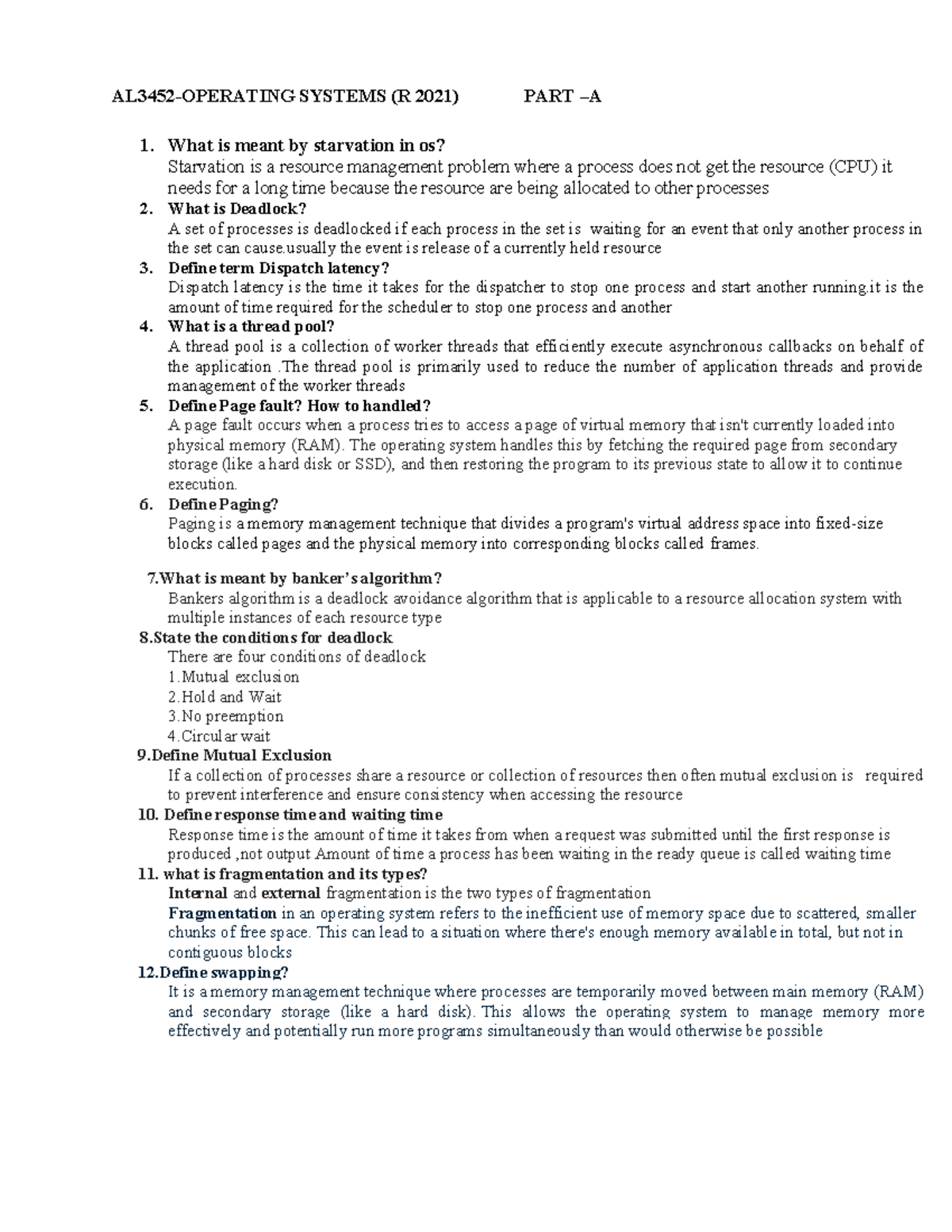 Operating Systems (IAT-2) Part A: Key Concepts and Definitions - Studocu