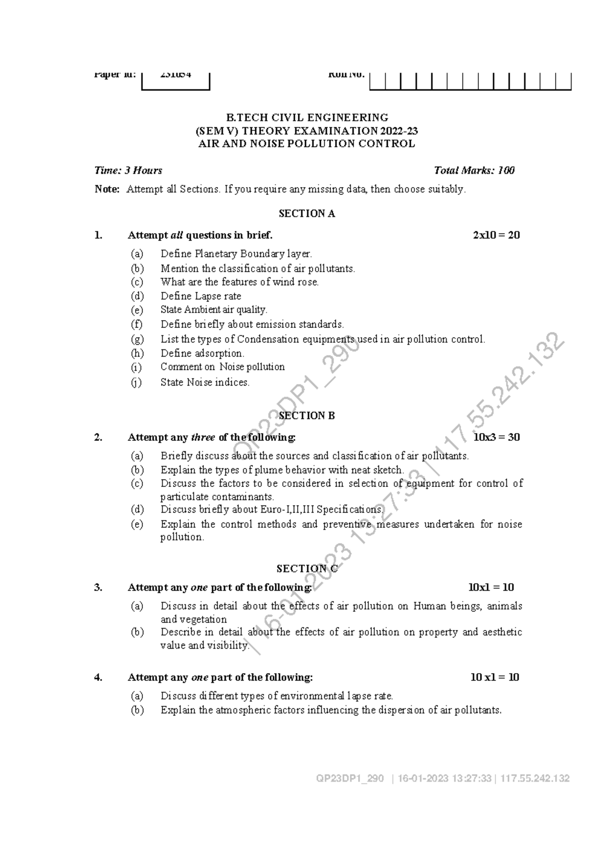 B.Tech CE V Sem Air & Noise Pollution Control KCE057 2023 Exam - Studocu