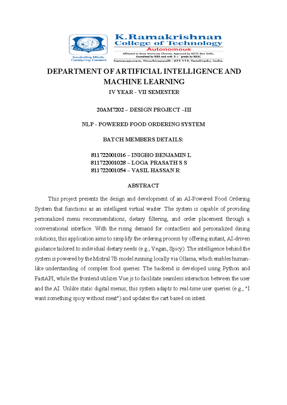 20AM7202 Design Project: NLP-Powered Food Ordering System - Studocu