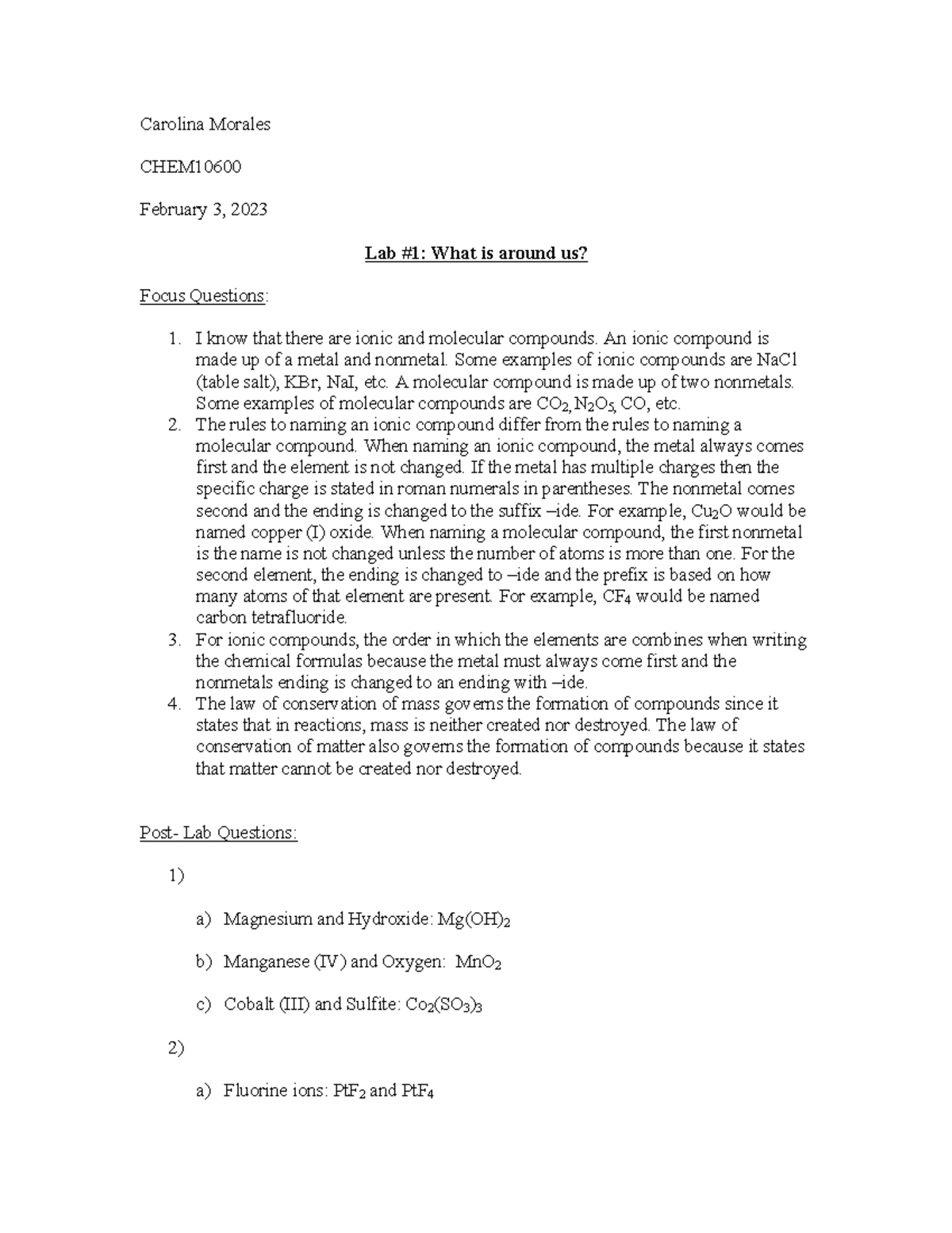 Morales 1 - General Chemistry lab report #1 - Carolina Morales CHEM ...