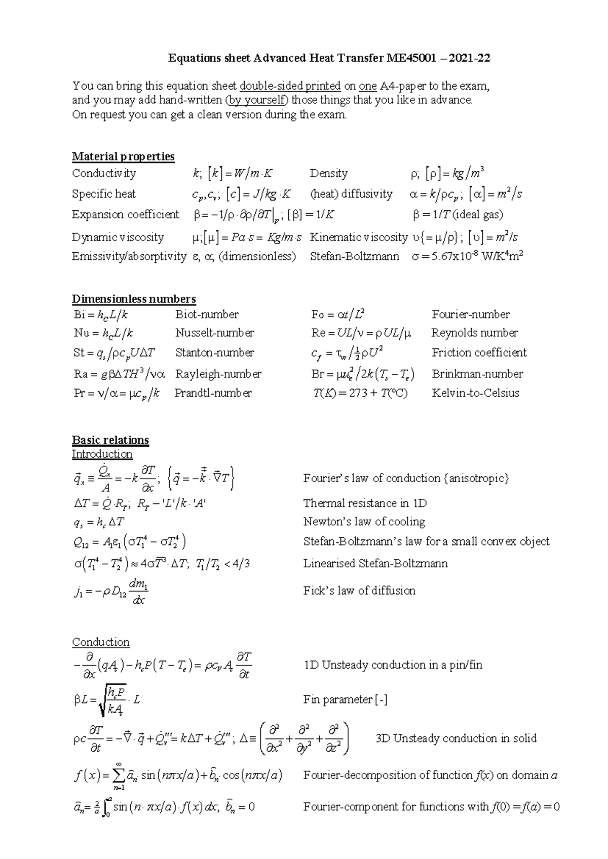 Advanced Heat Transfer Equations Sheet ME45001 - 2021 Exam Guide ...