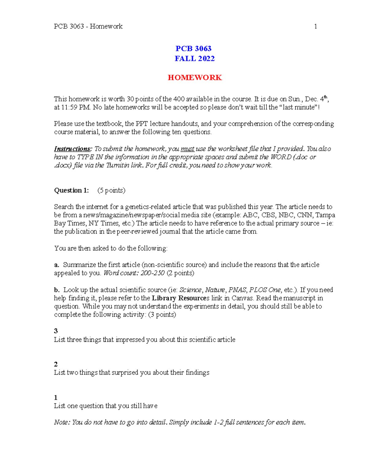 PCB3063 Fall2022 Homework - PCB 3063 FALL 2022 HOMEWORK This homework ...