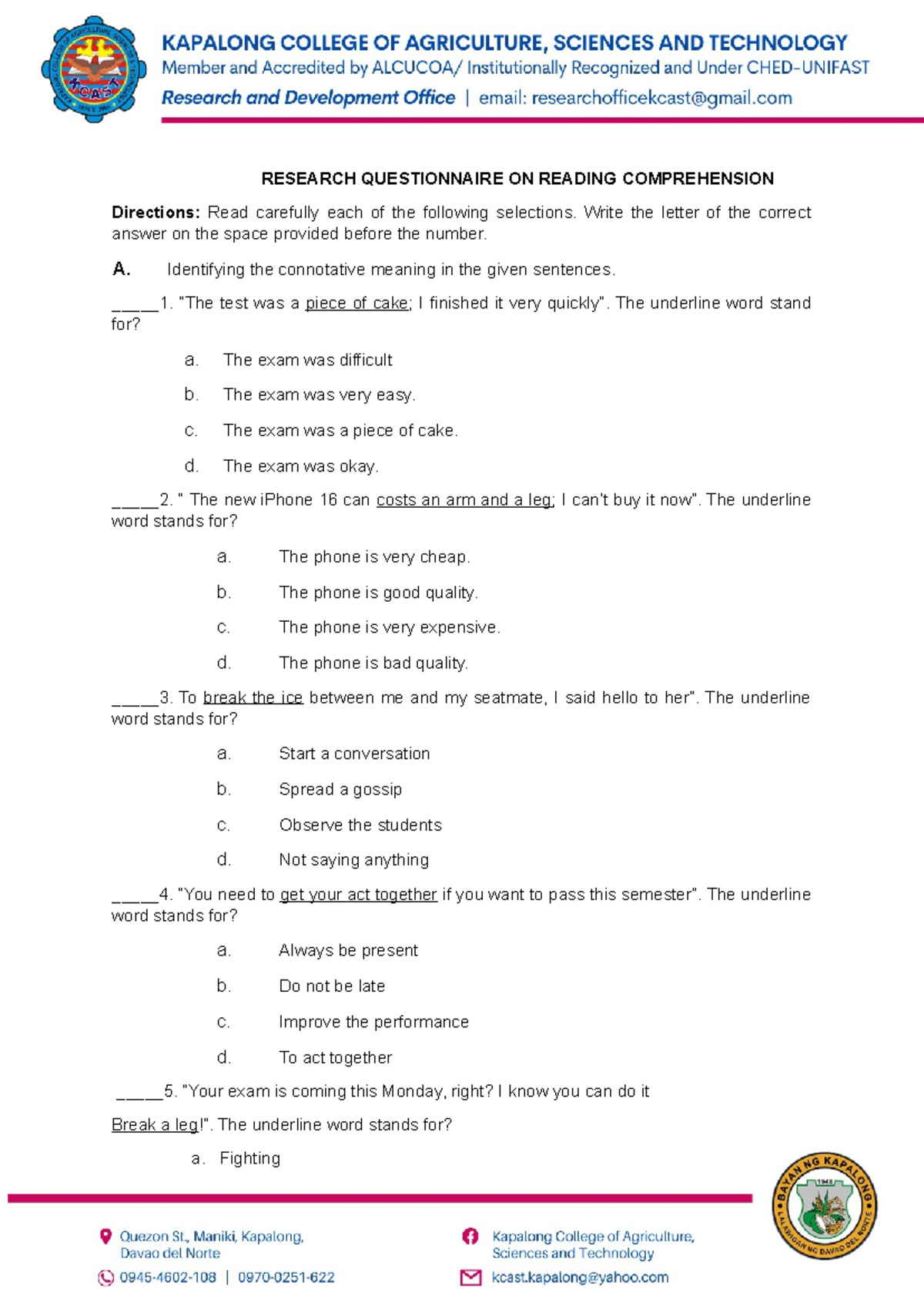 3 SQ Reading Comprehension Super Final - RESEARCH QUESTIONNAIRE ON ...