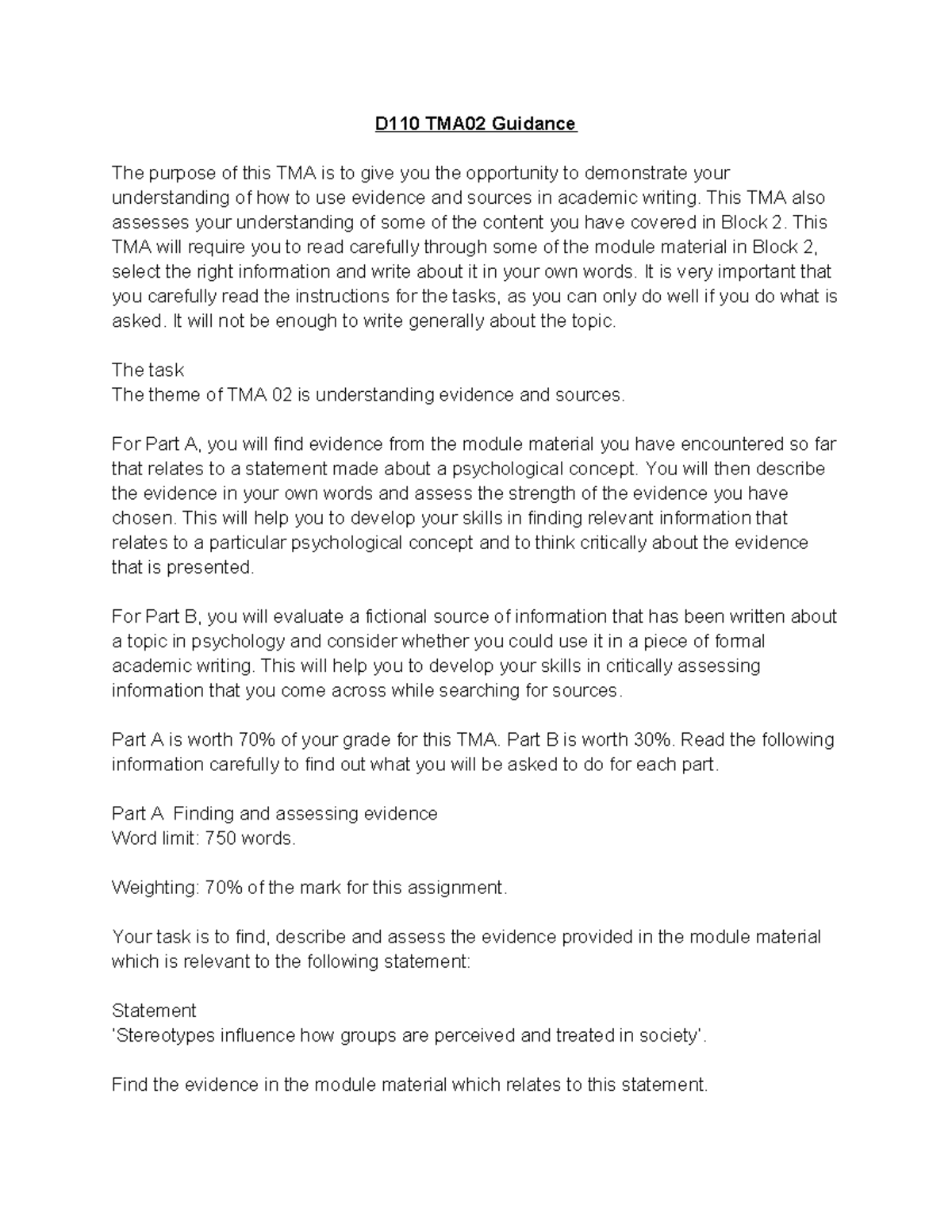 D110 TMA02 Guidance: Understanding Evidence & Sources in Psychology ...