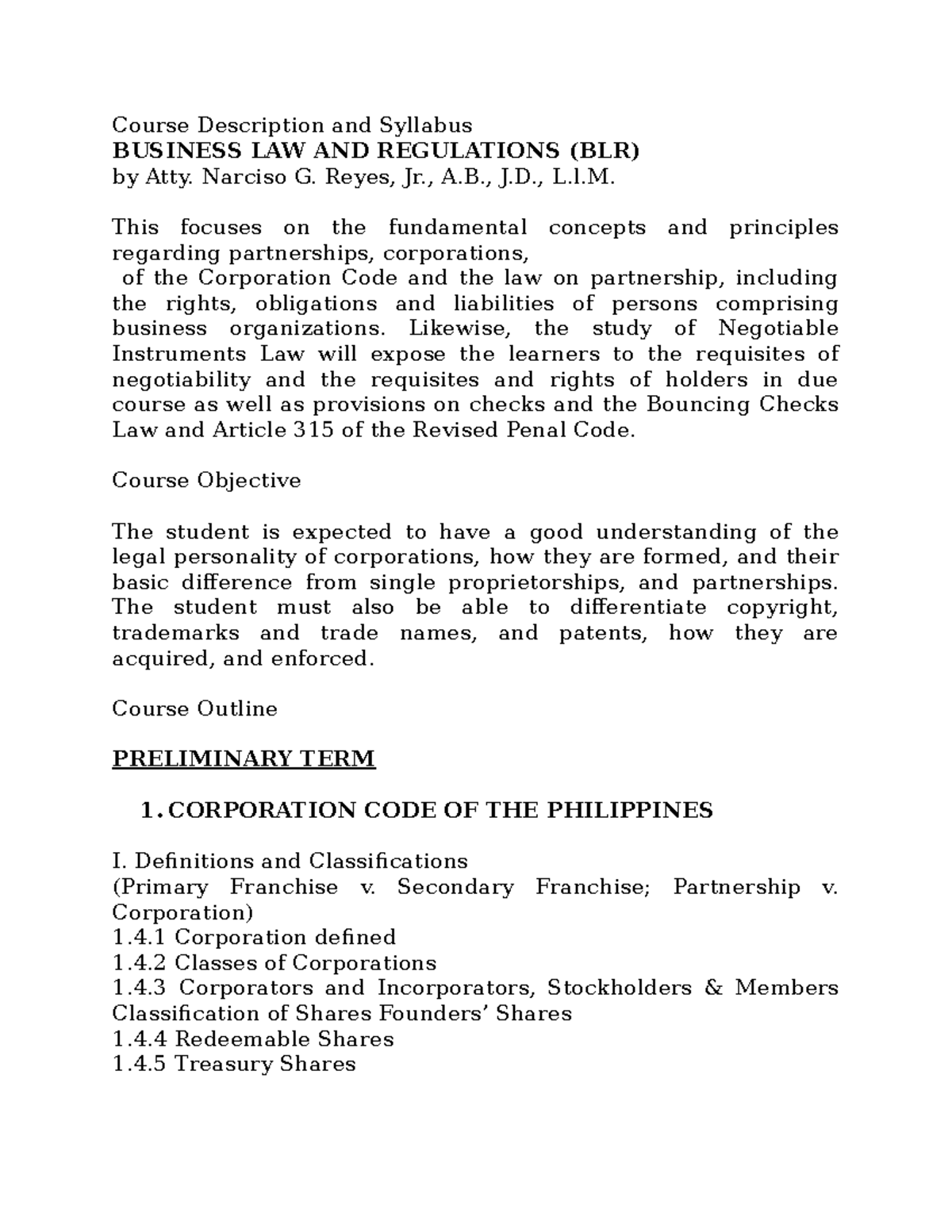 Course Description- Business Law and Regulations - Course Description ...