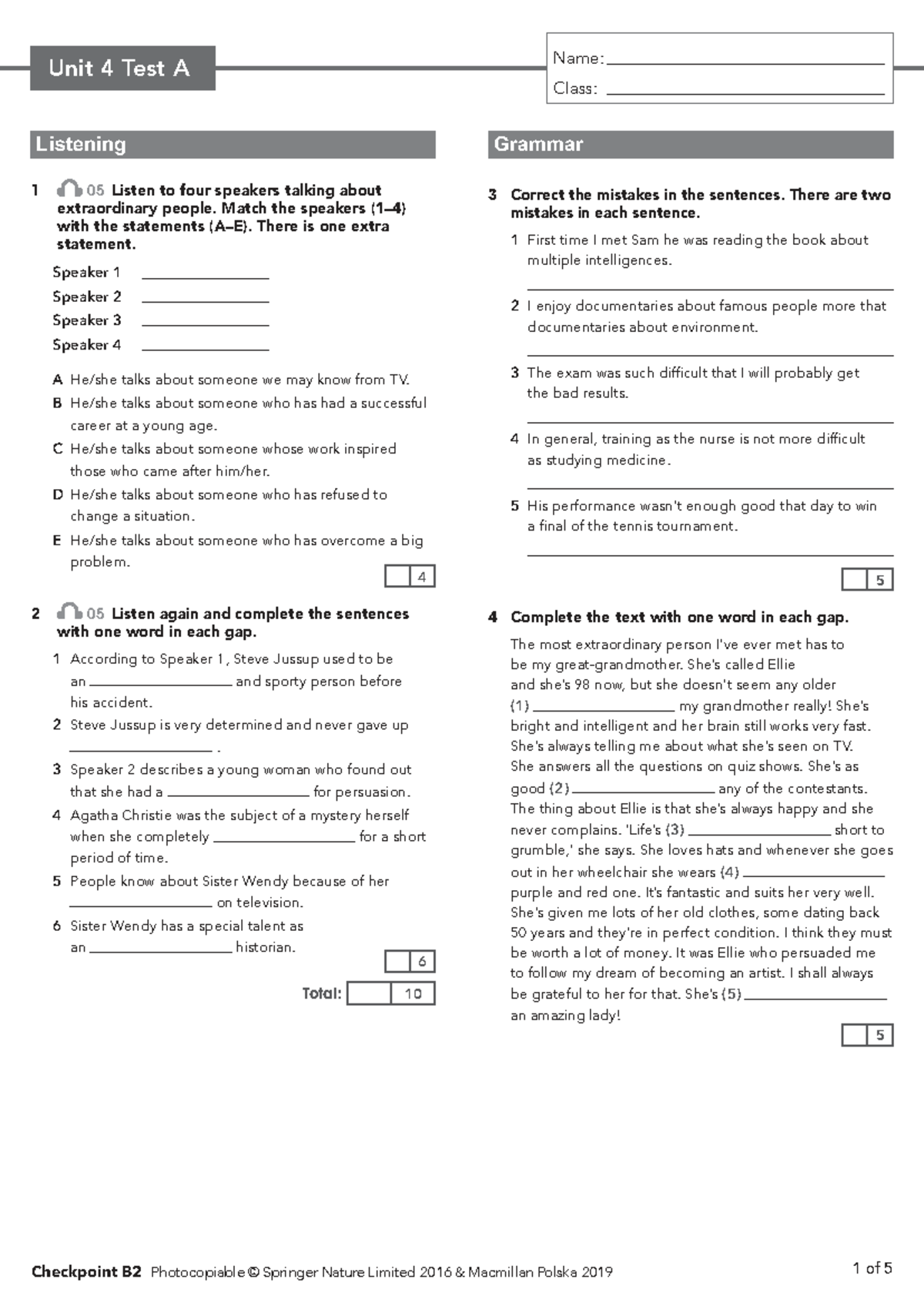 Checkpoint B2 Unit 4 Listening & Reading Test A - Studocu
