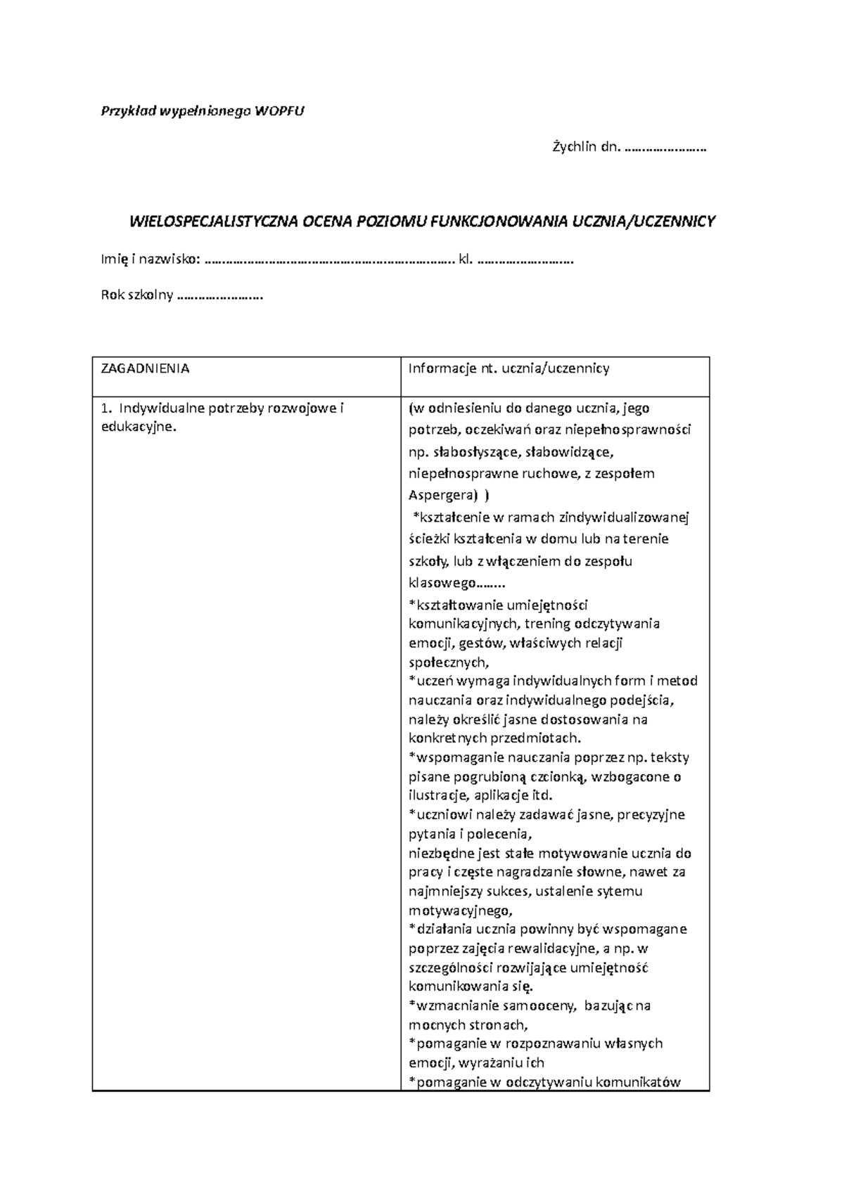 Przykłady wypełnionych formularzy WOPFU dla ucznia - Studocu