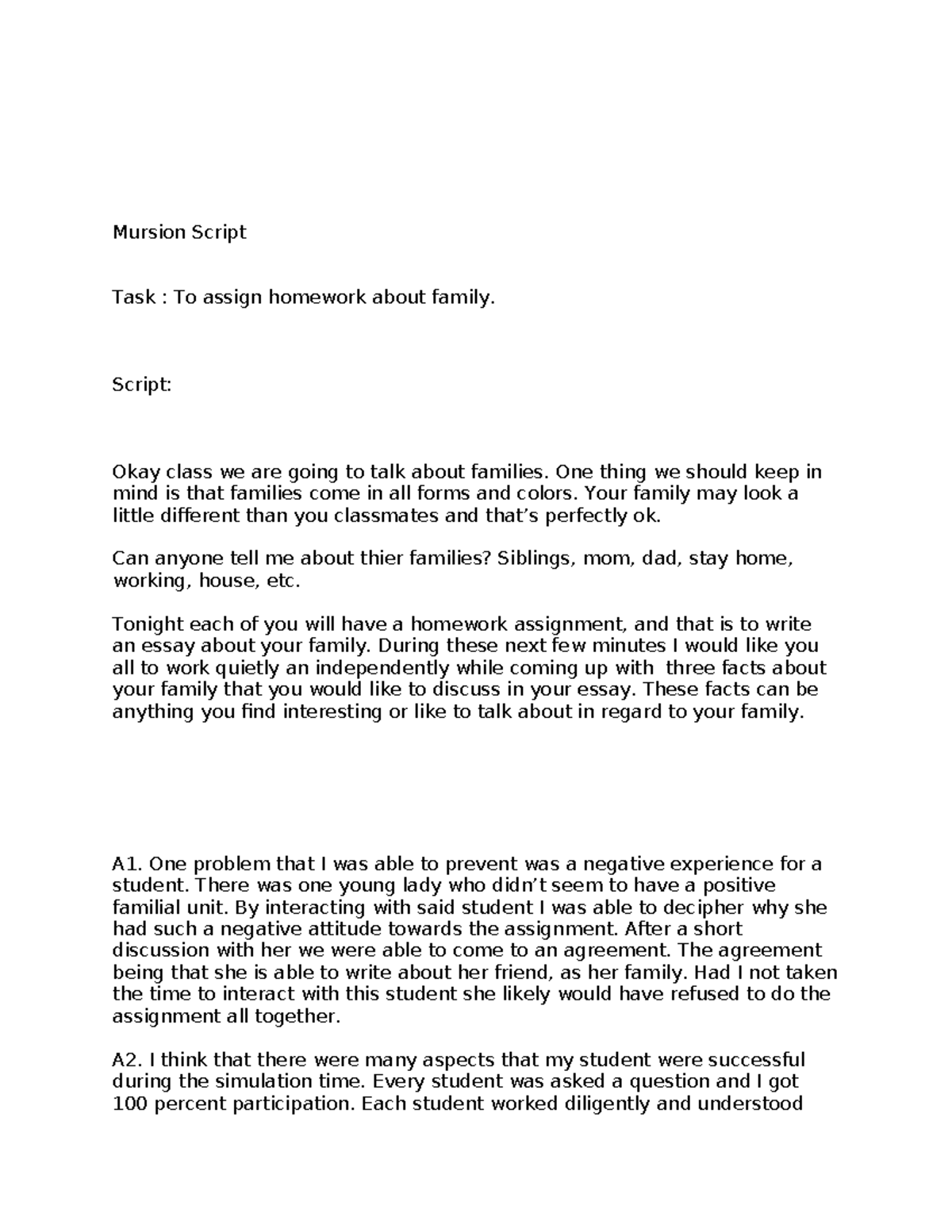 D095 Task 3 - Mursion Family Engagement Script and Homework Assignment - Studocu