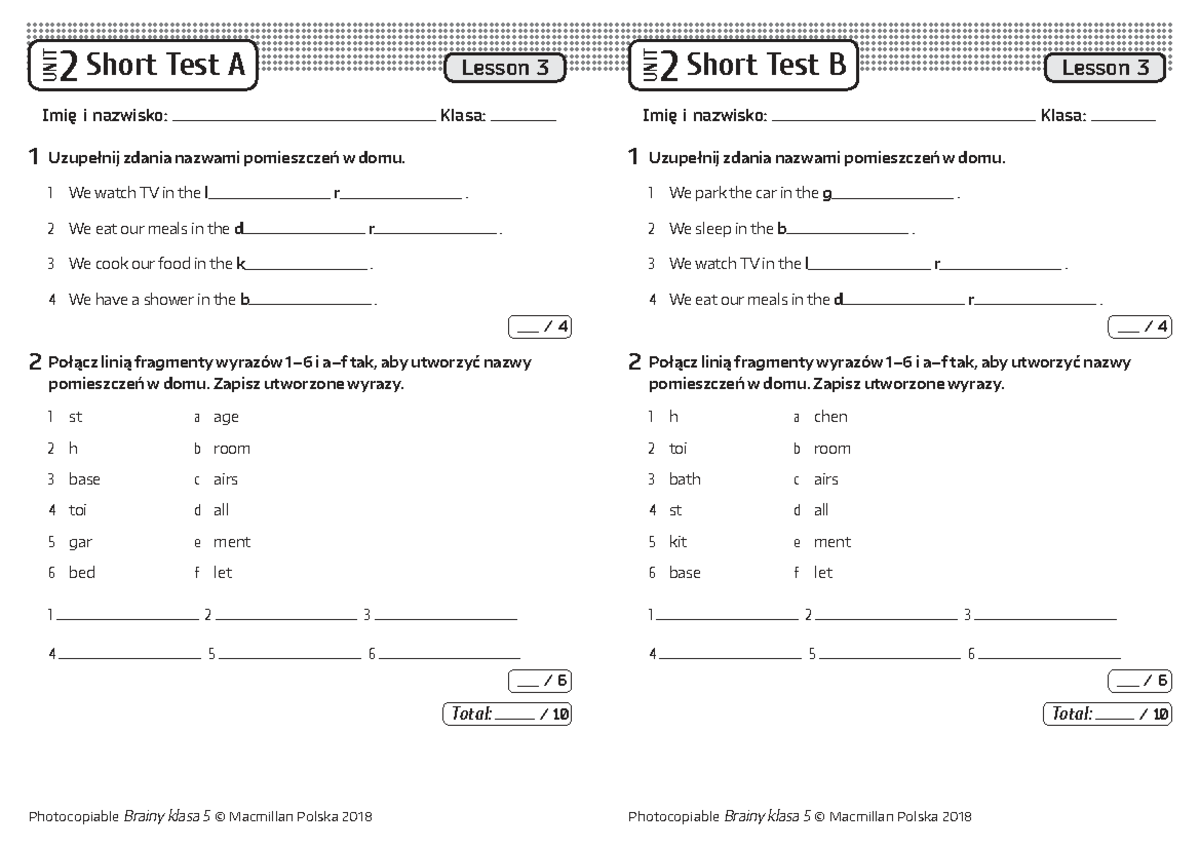 Brainy 5 Short Tests: Unit 2, Lesson 3 - Rooms in the House - Studocu