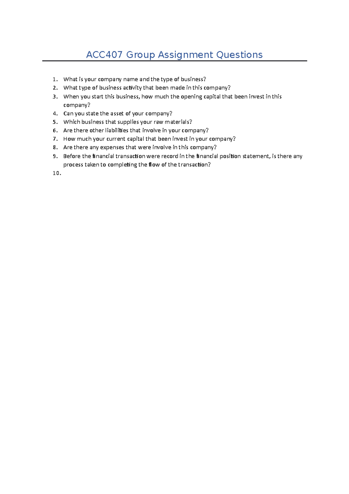ACC407 Group Assignment Questions - Studocu