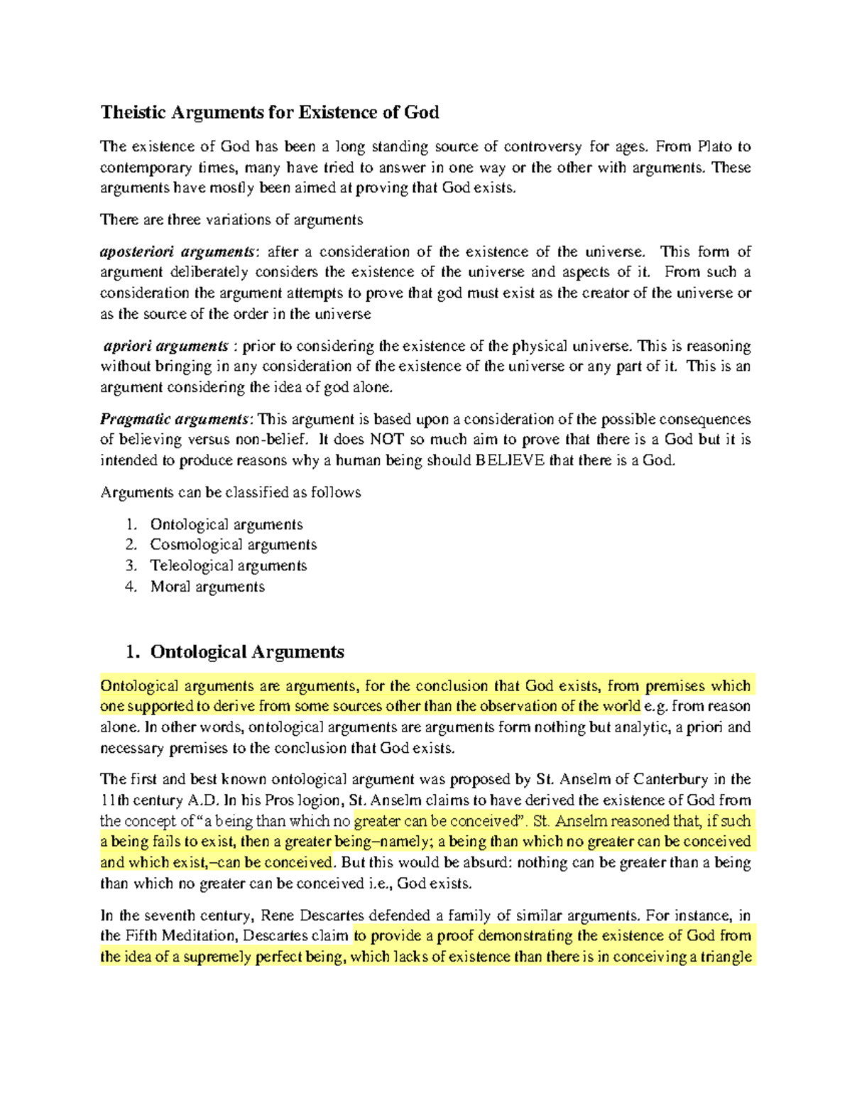 Theistic Arguments for God's Existence: A Comprehensive Study - Studocu