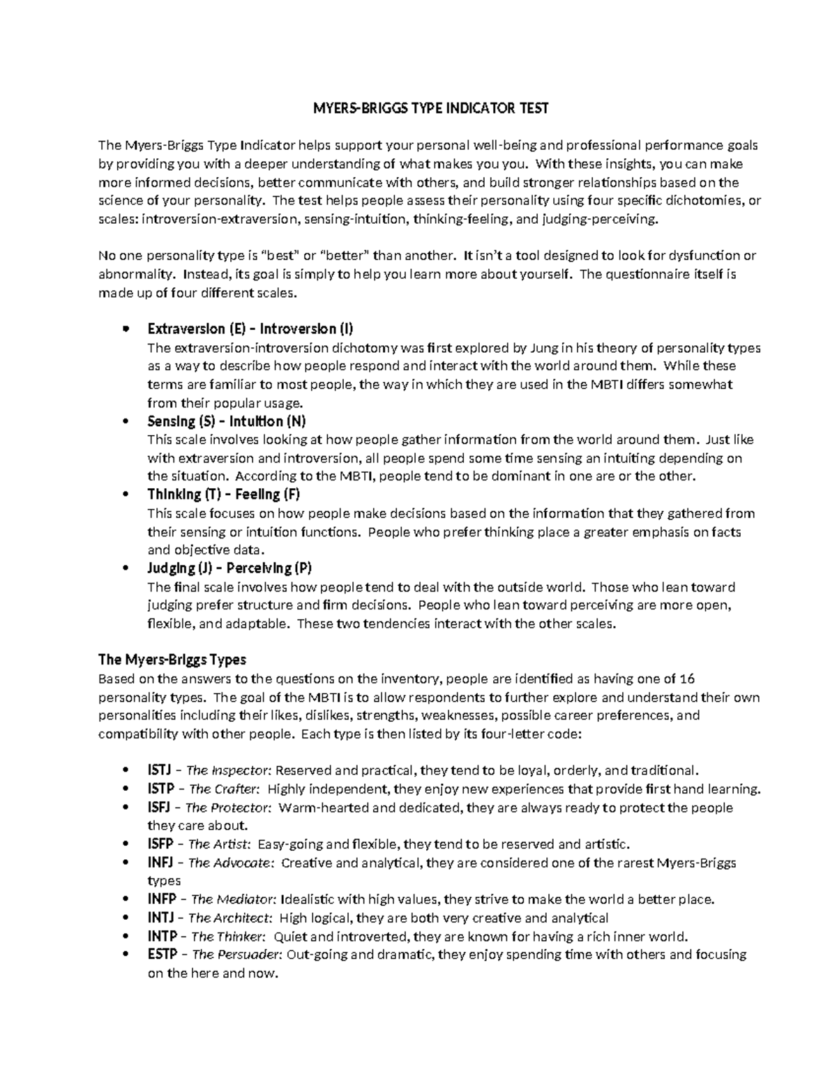 MYER briggs handout - Enjoy studying - MYERS-BRIGGS TYPE INDICATOR TEST ...