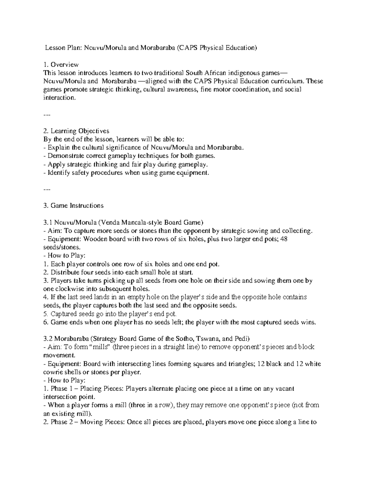 Indigenous Game Lesson Plan: Morabaraba (CAPS PE) - Studocu